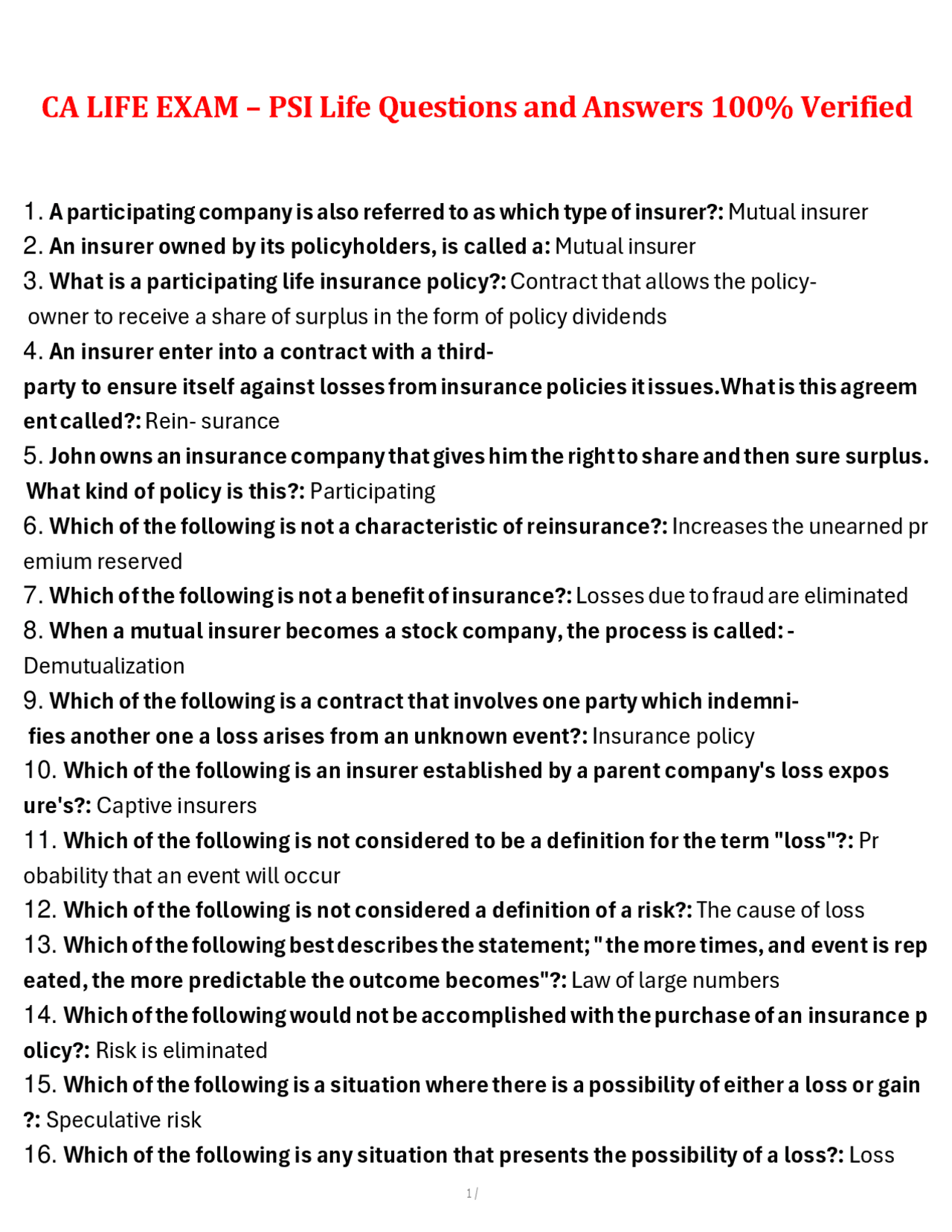 PSI Life Insurance Exam PSI Practice Questions & Answers 100% Verified ...