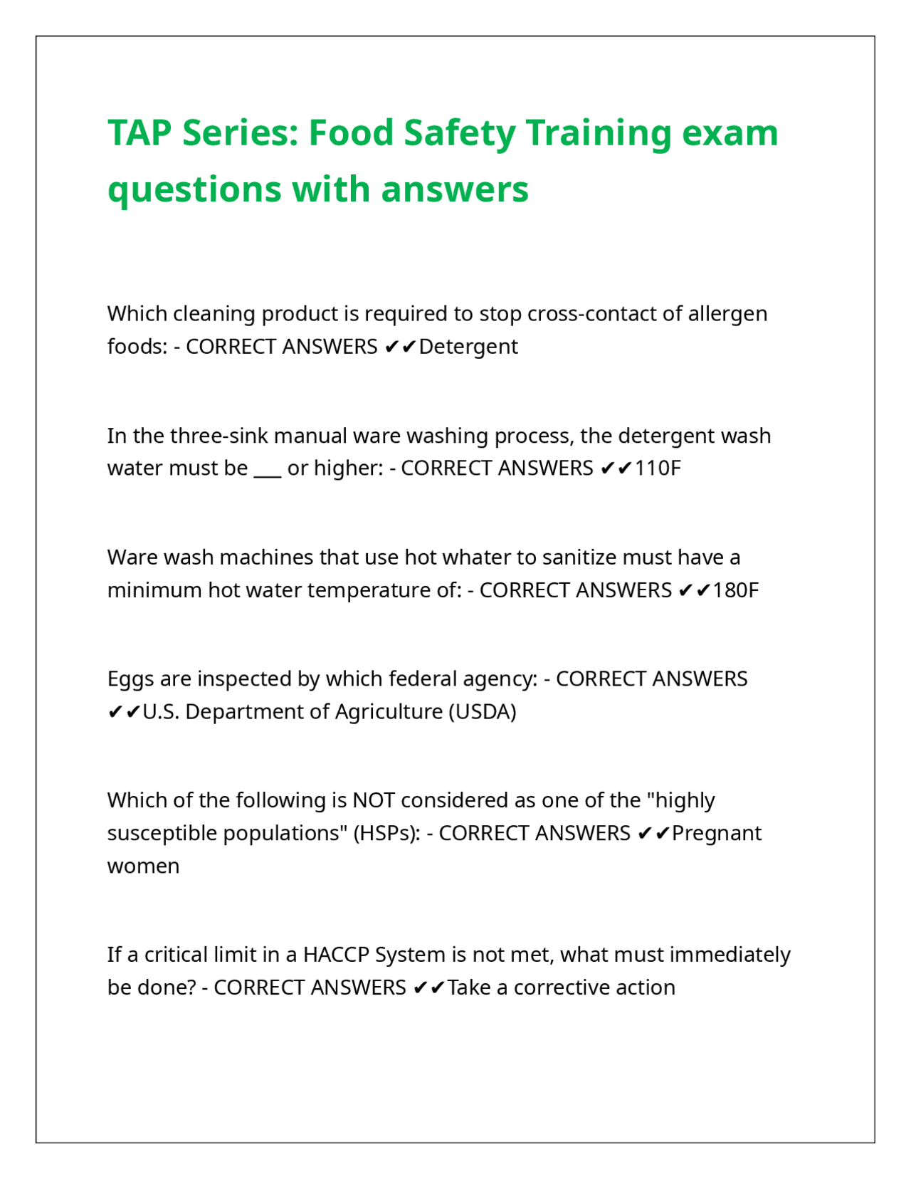 TAP Series- Food Safety Training exam questions with answers | Exams ...