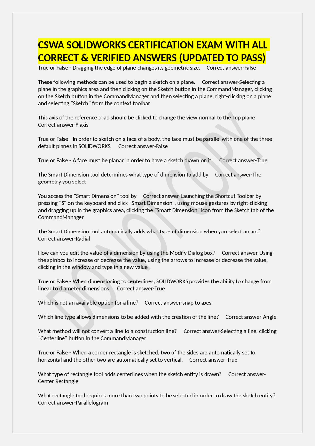 CSWA SOLIDWORKS CERTIFICATION EXAM WITH ALL CORRECT & VERIFIED ANSWERS ...