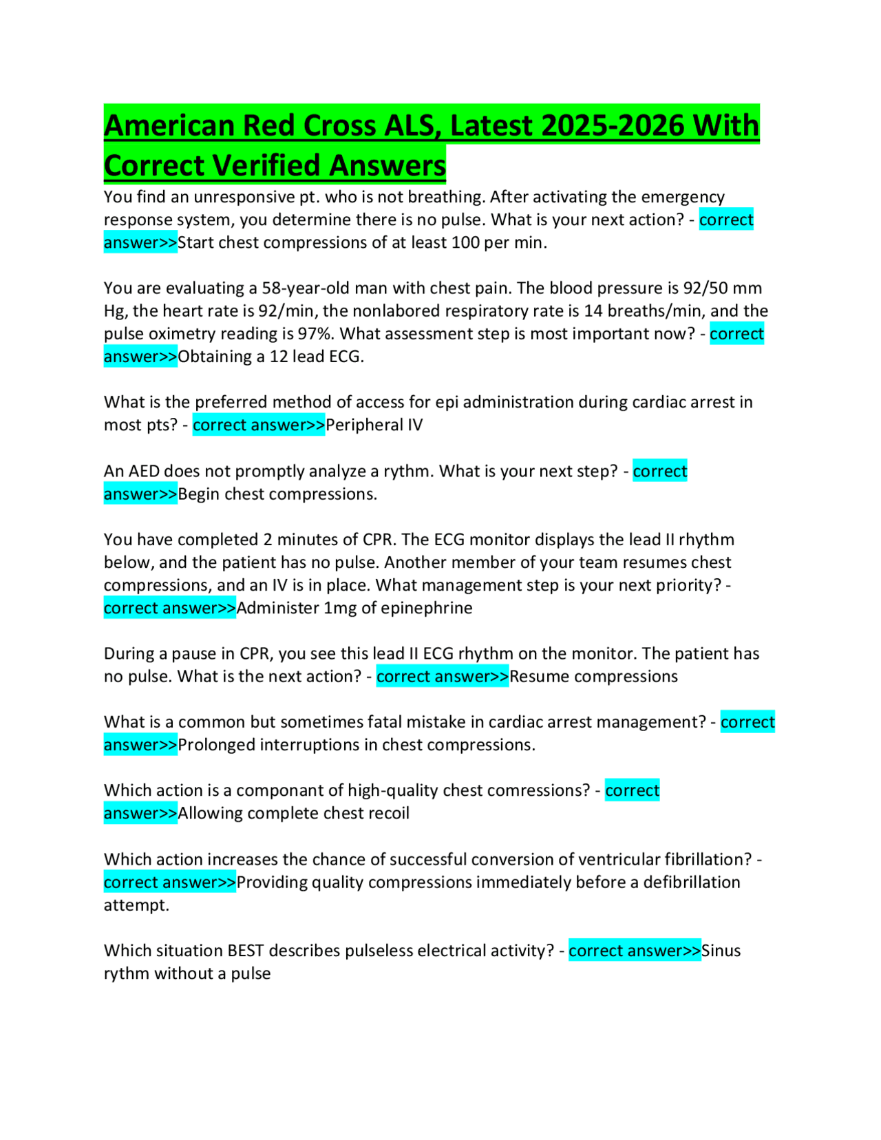 American Red Cross ALS, Latest 2025-2026 With Correct Verified Answers ...