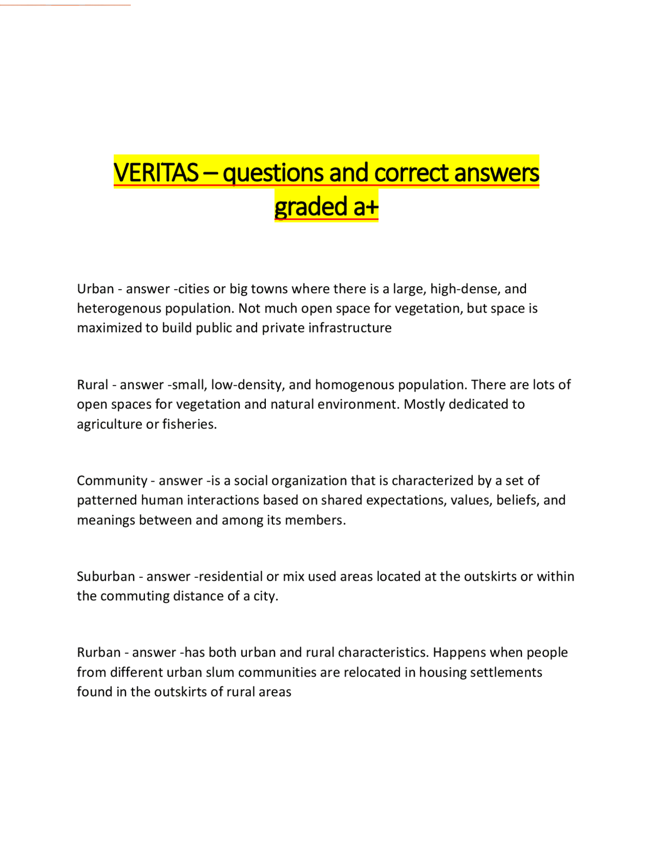 VERITAS – questions and correct answers graded a+.pdf | Exams Nursing | Docsity