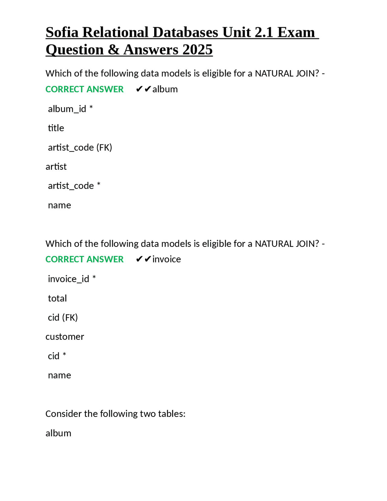 Sofia Relational Databases Unit 2.1 Exam Question & Answers 2025 | Exams Nursing | Docsity