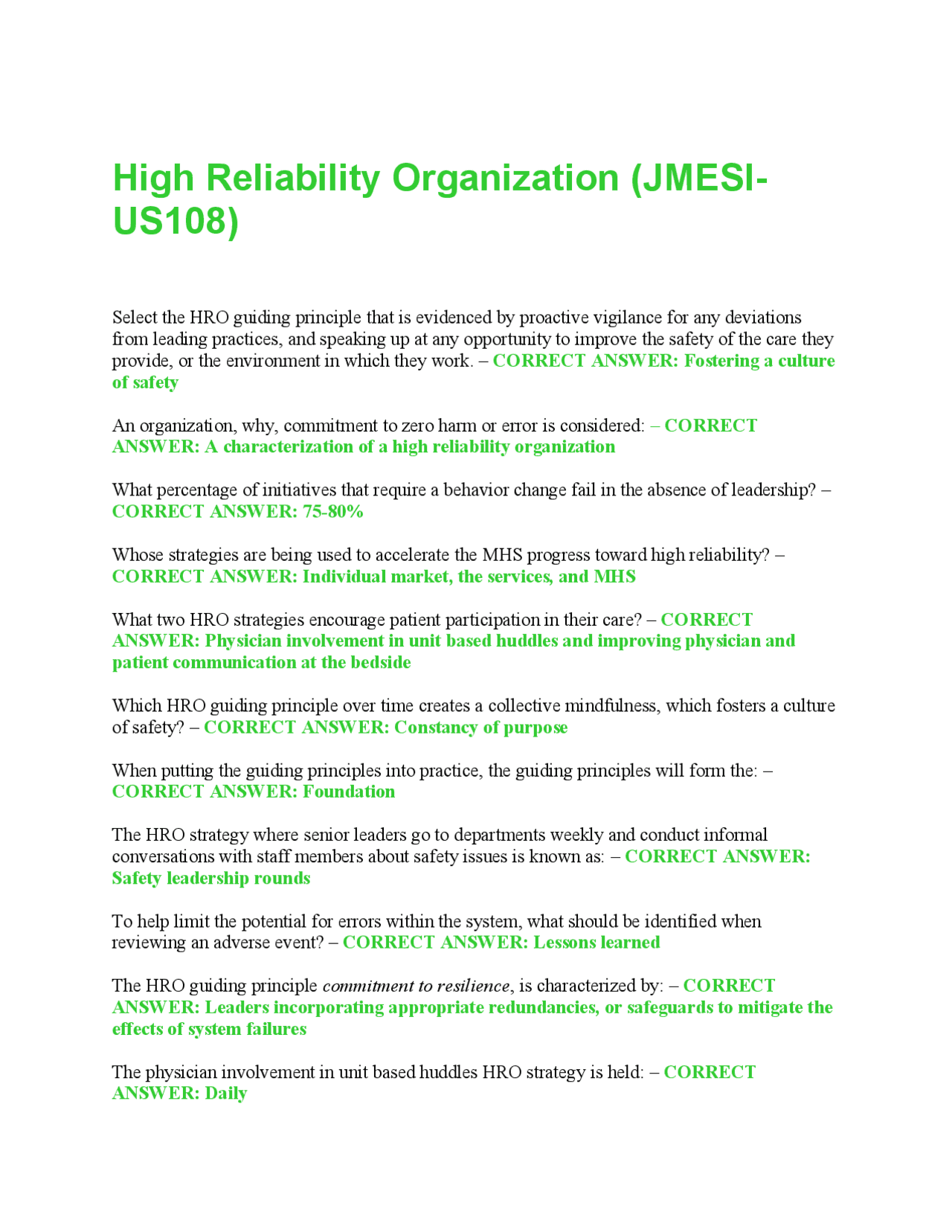 High Reliability Organization (JMESIUS108) Questions And Answers With ...
