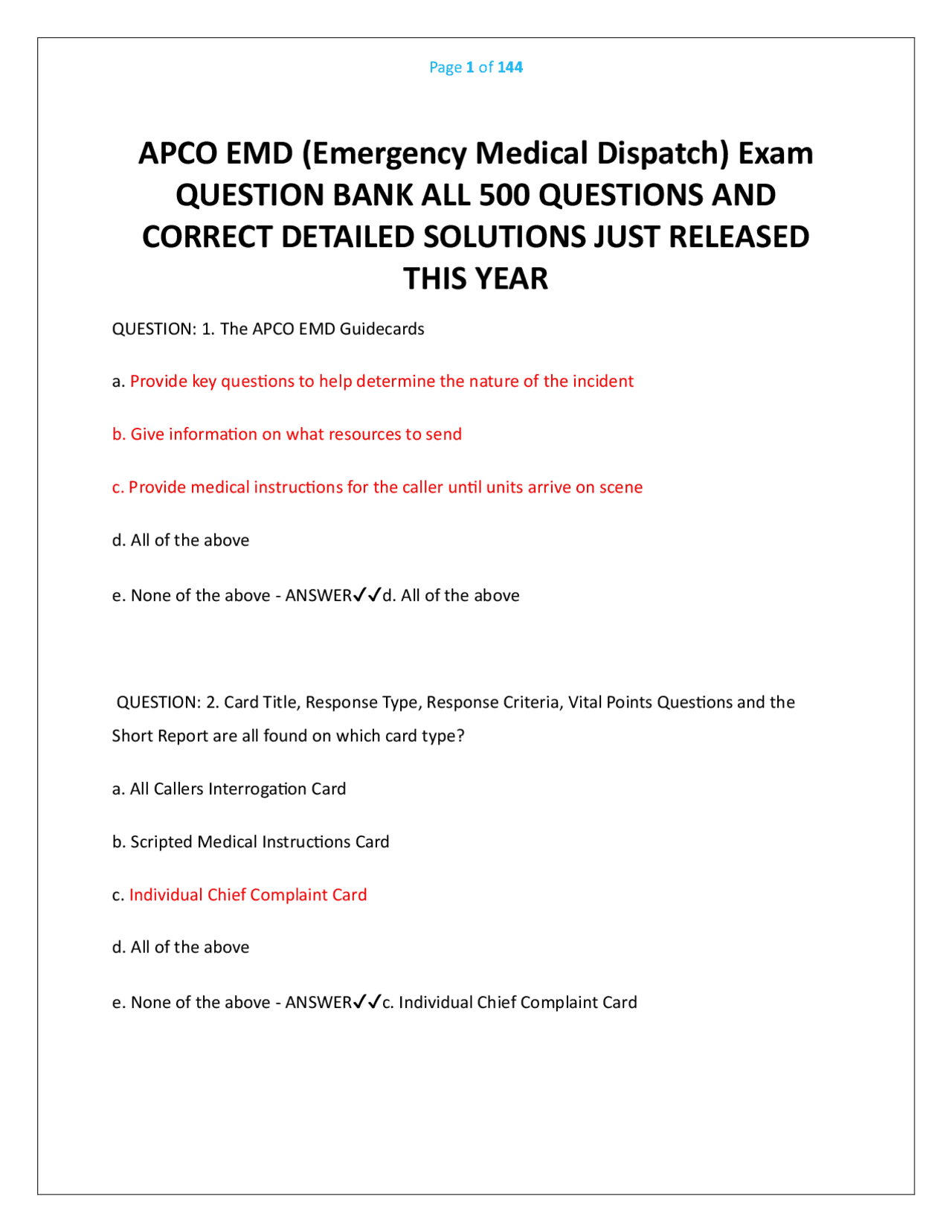 APCO EMD (Emergency Medical Dispatch) Exam QUESTION BANK ALL 500 ...