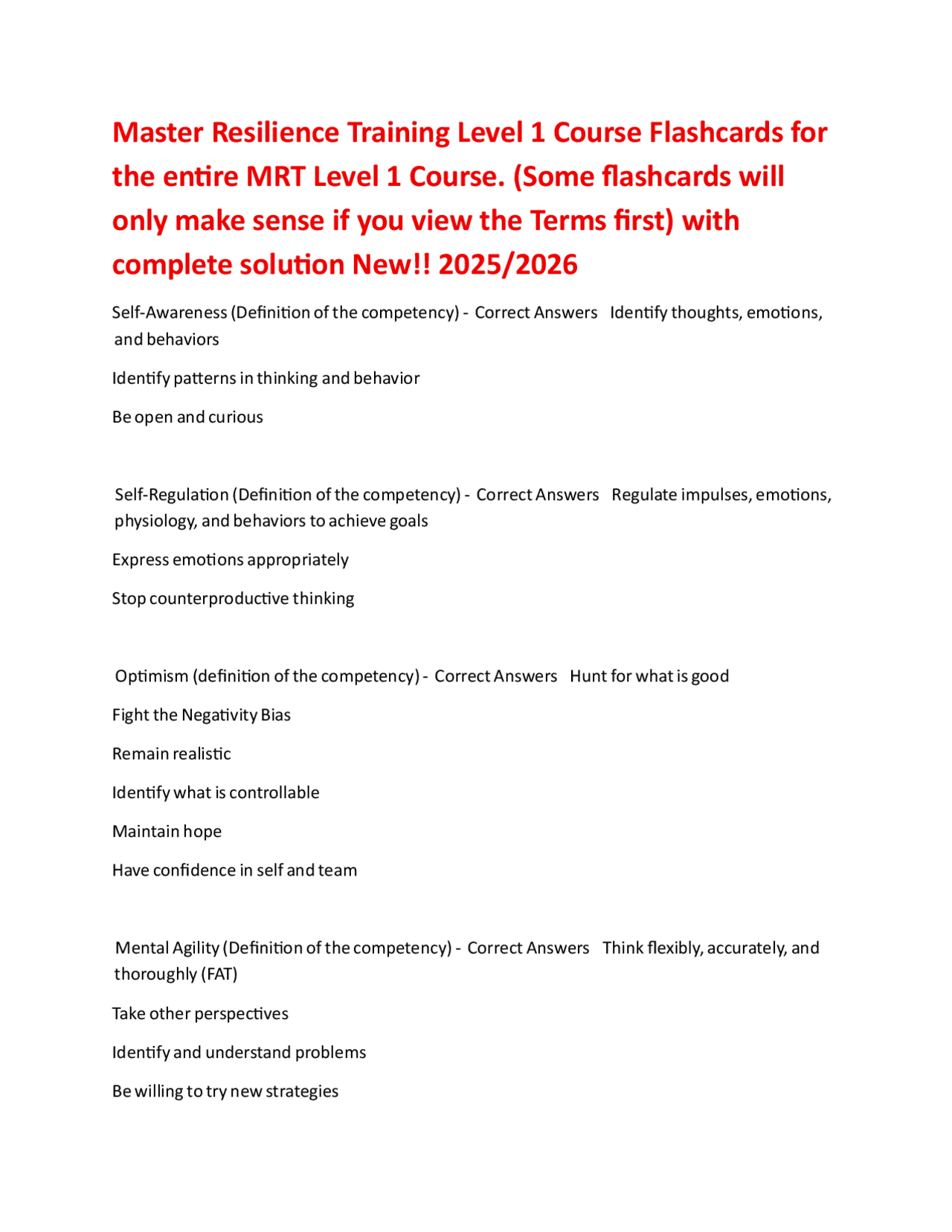Master Resilience Training Level 1 Course Flashcards for the entire MRT ...