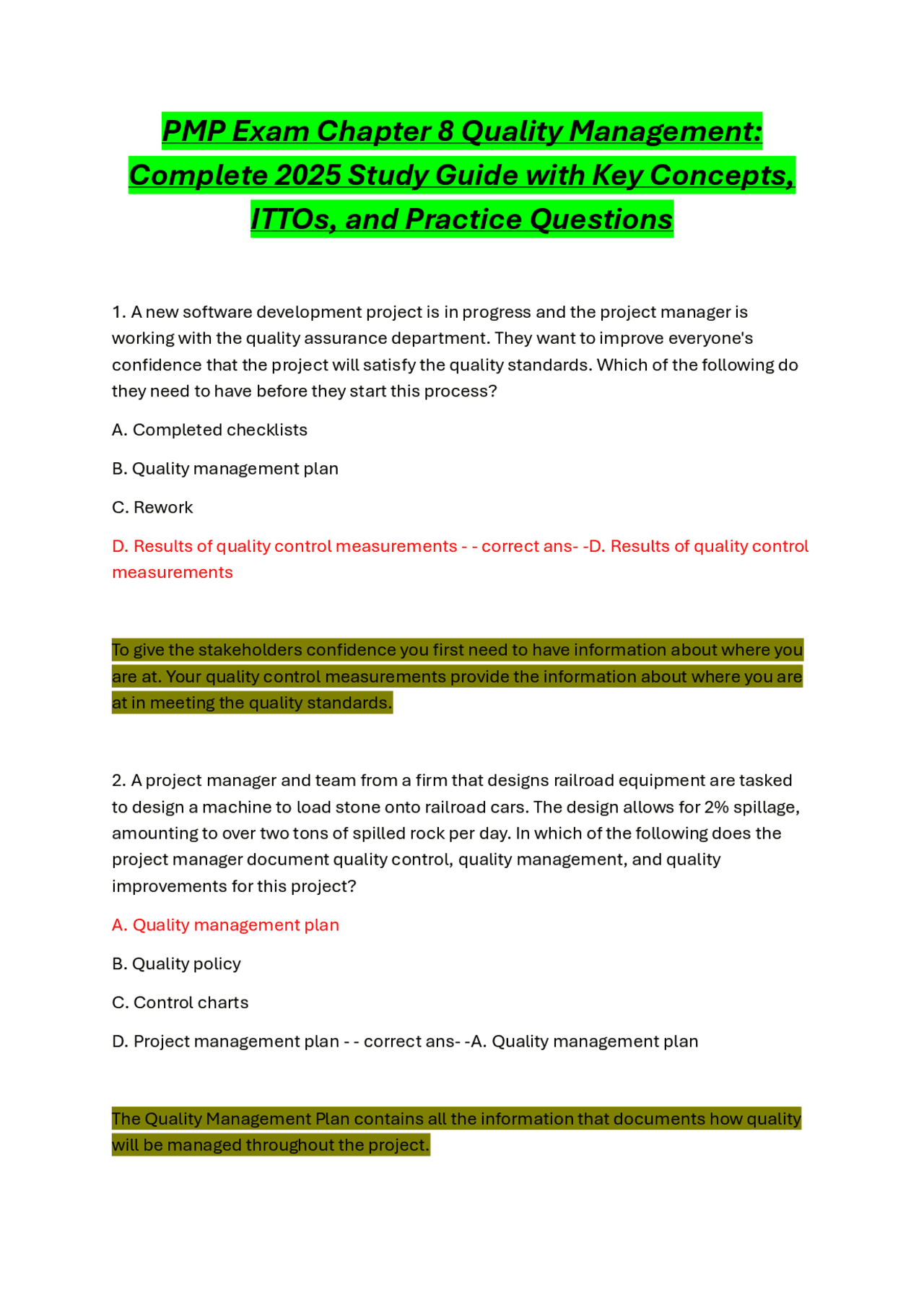 PMP Exam Chapter 8 Quality Management: Complete 2025 Study Guide with Key Concepts | Exams ...