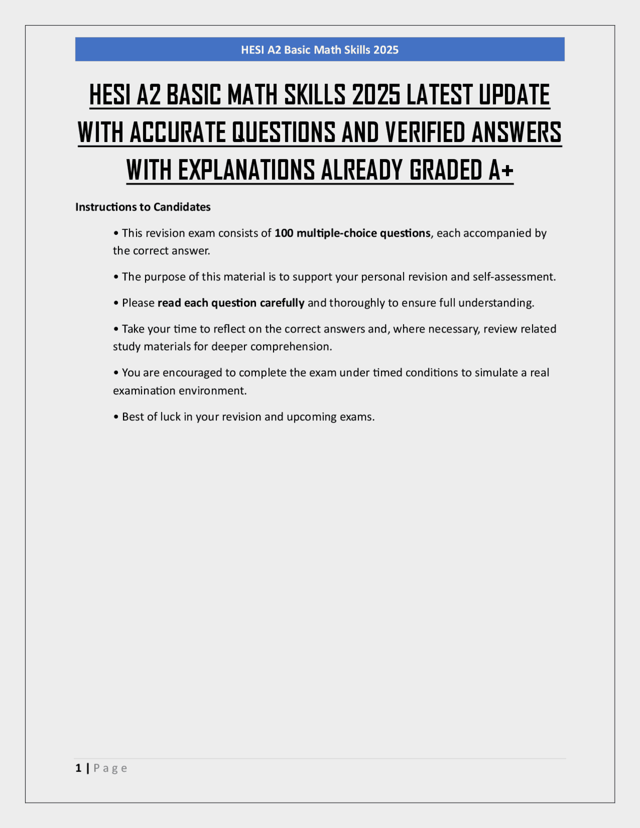 HESI A2 BASIC MATH SKILLS 2025 LATEST UPDATE WITH ACCURATE QUESTIONS ...