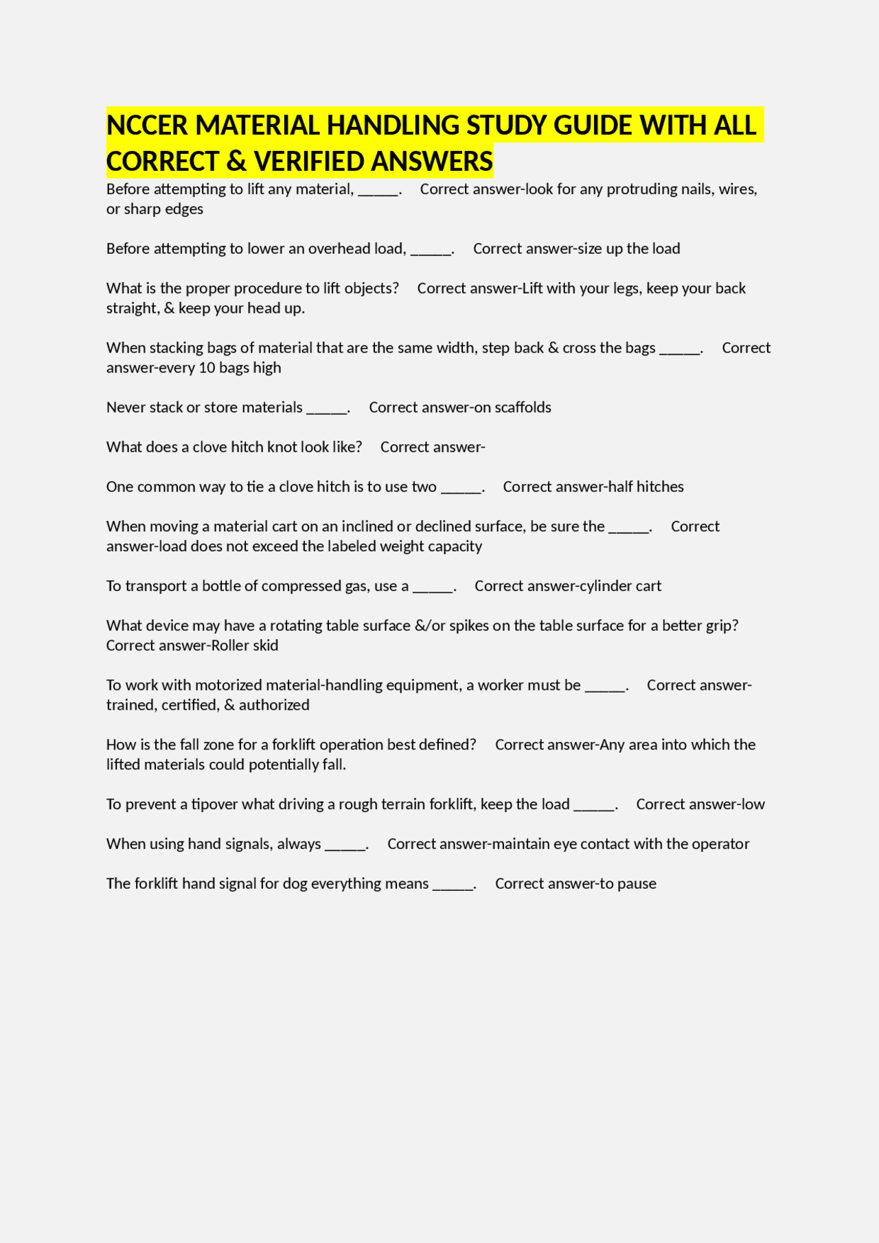 NCCER MATERIAL HANDLING STUDY GUIDE WITH ALL CORRECT & VERIFIED ANSWERS ...