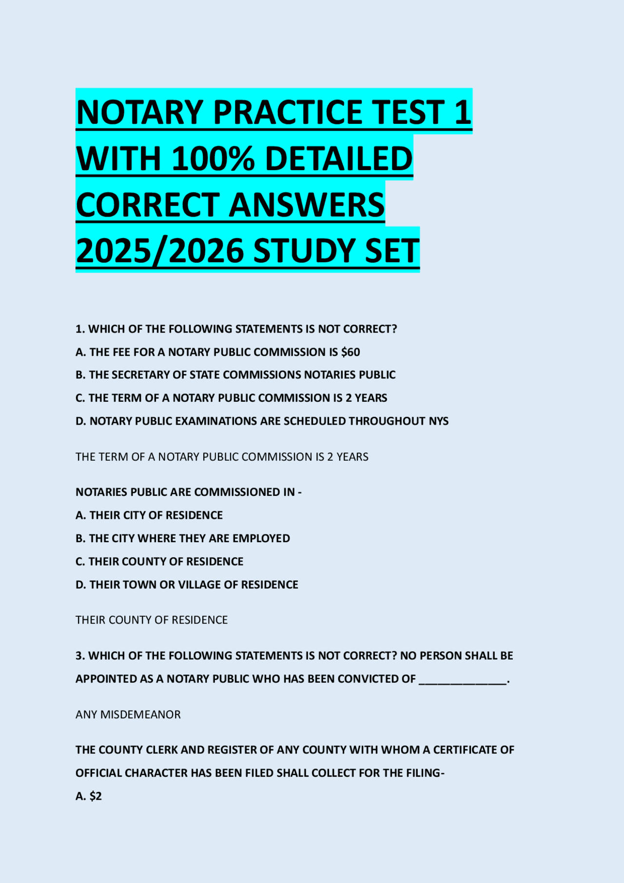 NOTARY PRACTICE TEST 1 WITH 100% DETAILED CORRECT ANSWERS 2025/2026 ...