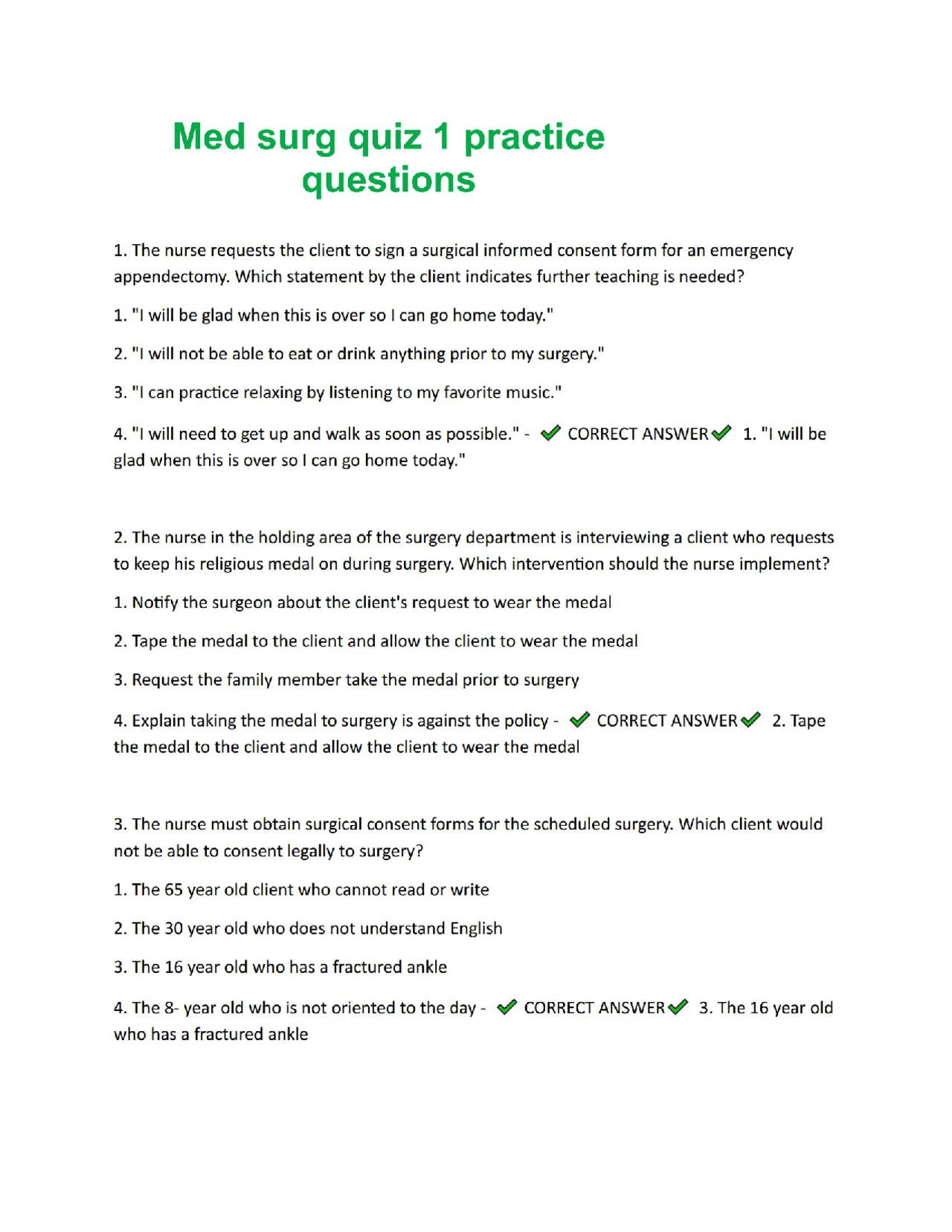 Med surg quiz 1 practice questions.pdf | Exams Nursing | Docsity