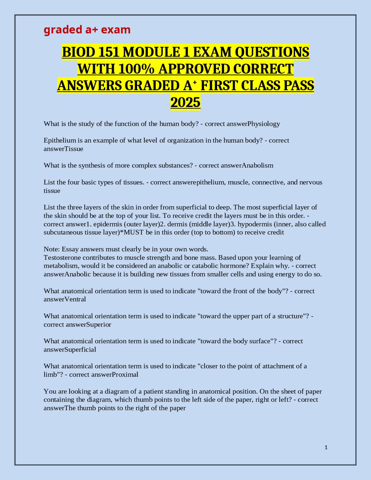 BIOD 151 MODULE 1 EXAM QUESTIONS WITH 100% APPROVED CORRECT ANSWERS ...