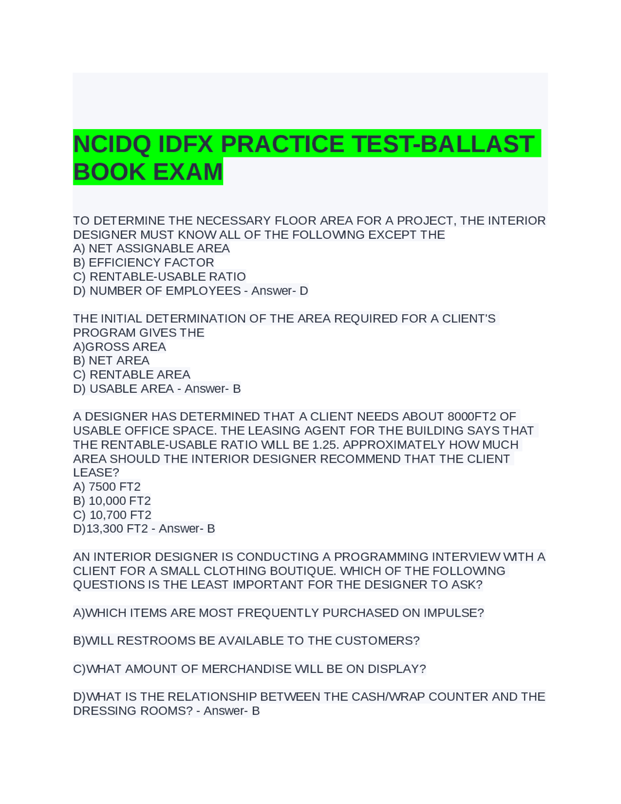 NCIDQ IDFX PRACTICE TEST-BALLAST BOOK EXAM QUESTIONS WITH 100% CORRECT ...