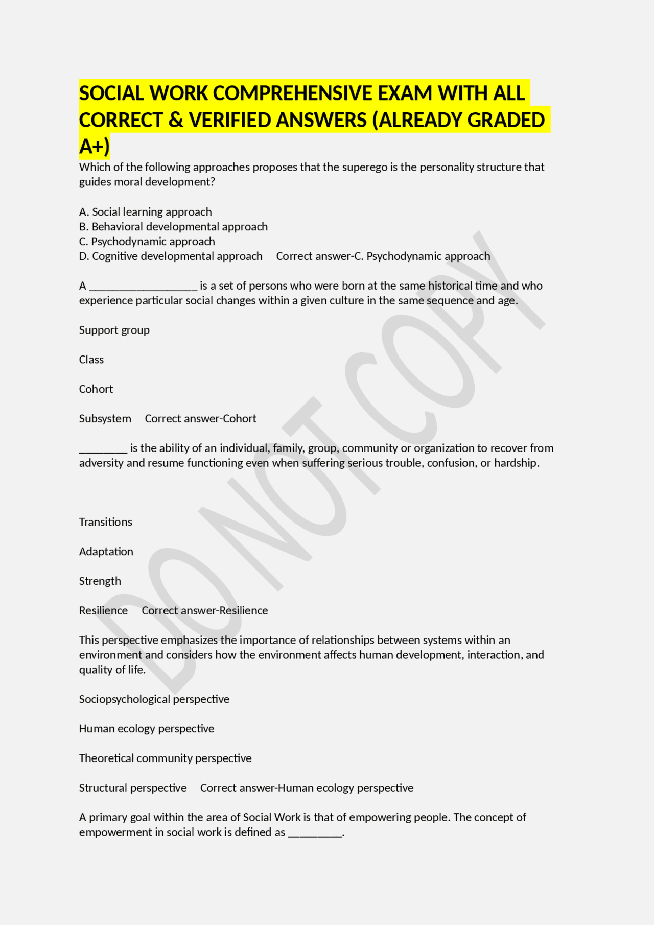 SOCIAL WORK COMPREHENSIVE EXAM WITH ALL CORRECT & VERIFIED ANSWERS ...