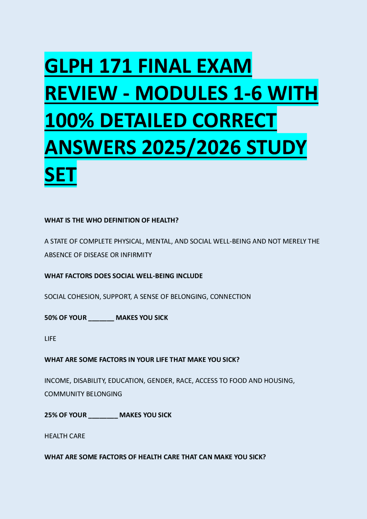 GLPH 171 FINAL EXAM REVIEW - MODULES 1-6 WITH 100% DETAILED CORRECT ...