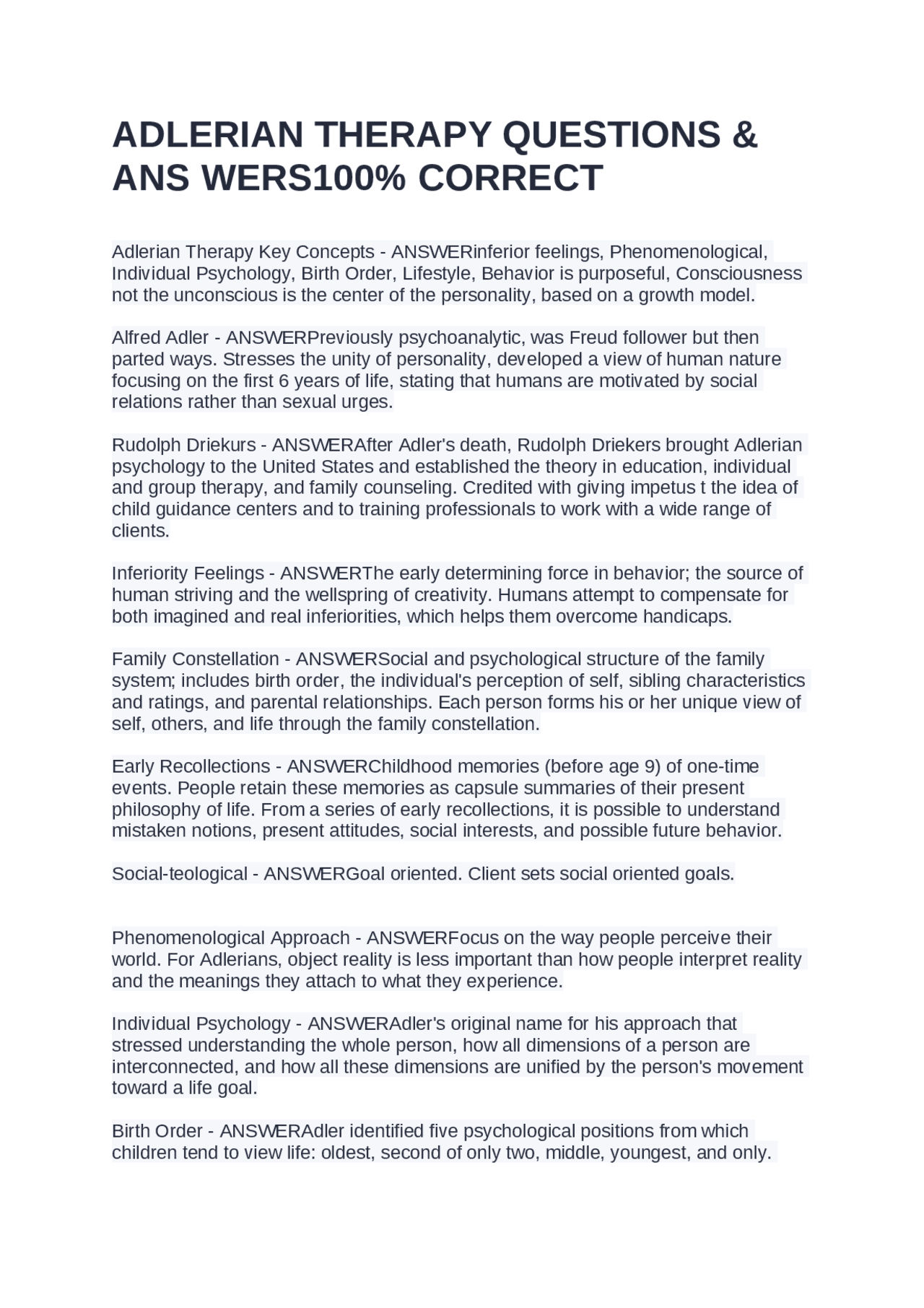 ADLERIAN THERAPY QUESTIONS & ANS WERS100% CORRECT | Exams Occupational ...