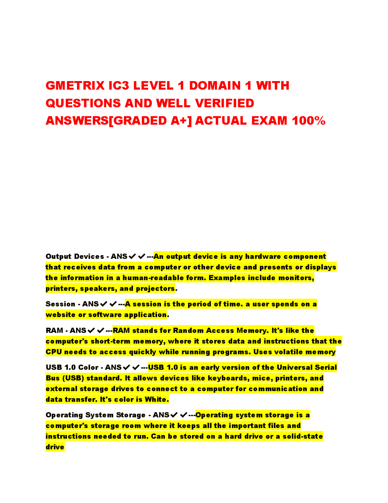 GMETRIX IC3 LEVEL 1 DOMAIN 1 WITH QUESTIONS AND WELL VERIFIED ANSWERS ...