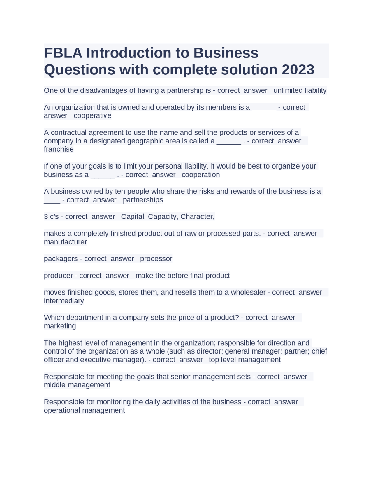 FBLA Intro to business procedures Question and answers already passed ...