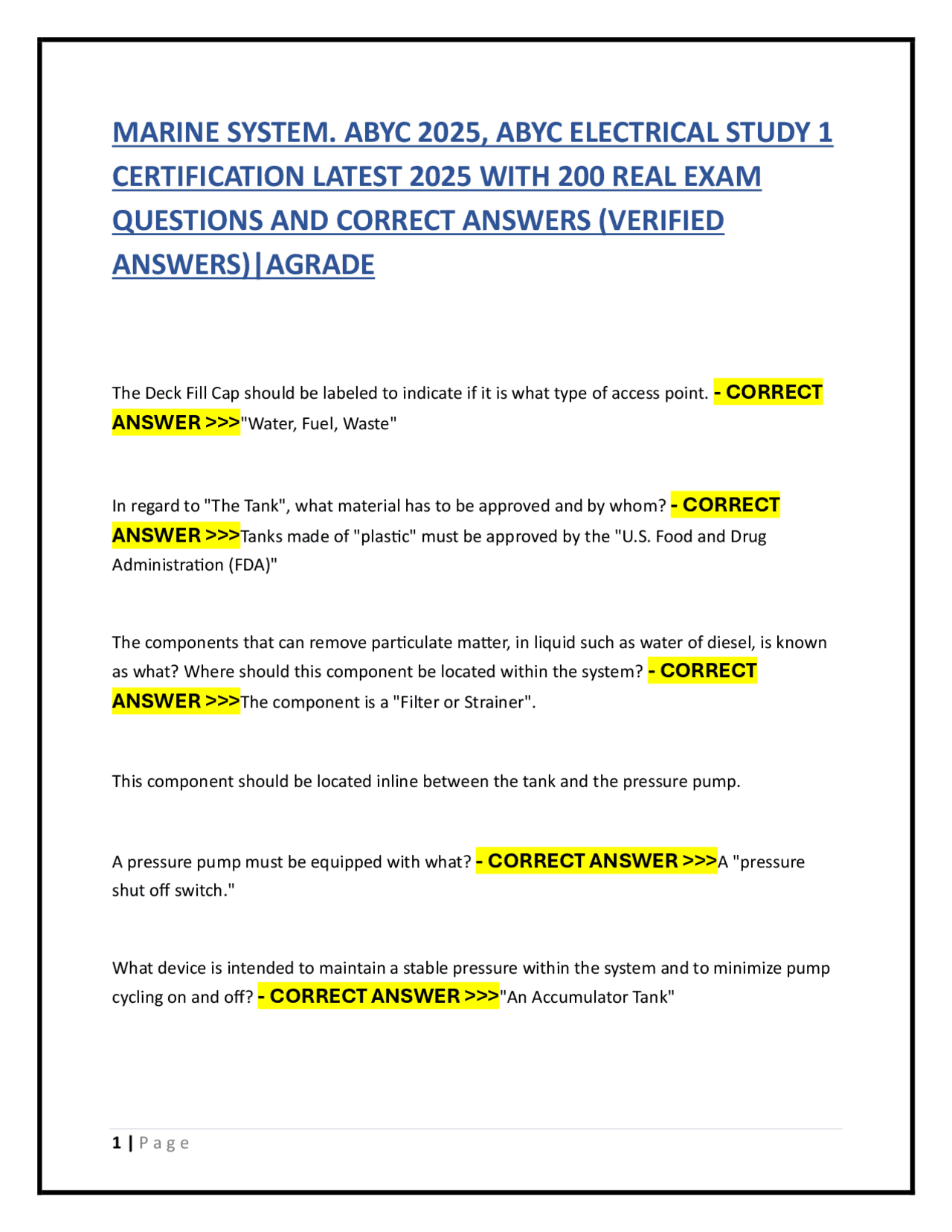 MARINE SYSTEM. ABYC 2025, ABYC ELECTRICAL STUDY 1 CERTIFICATION LATEST ...