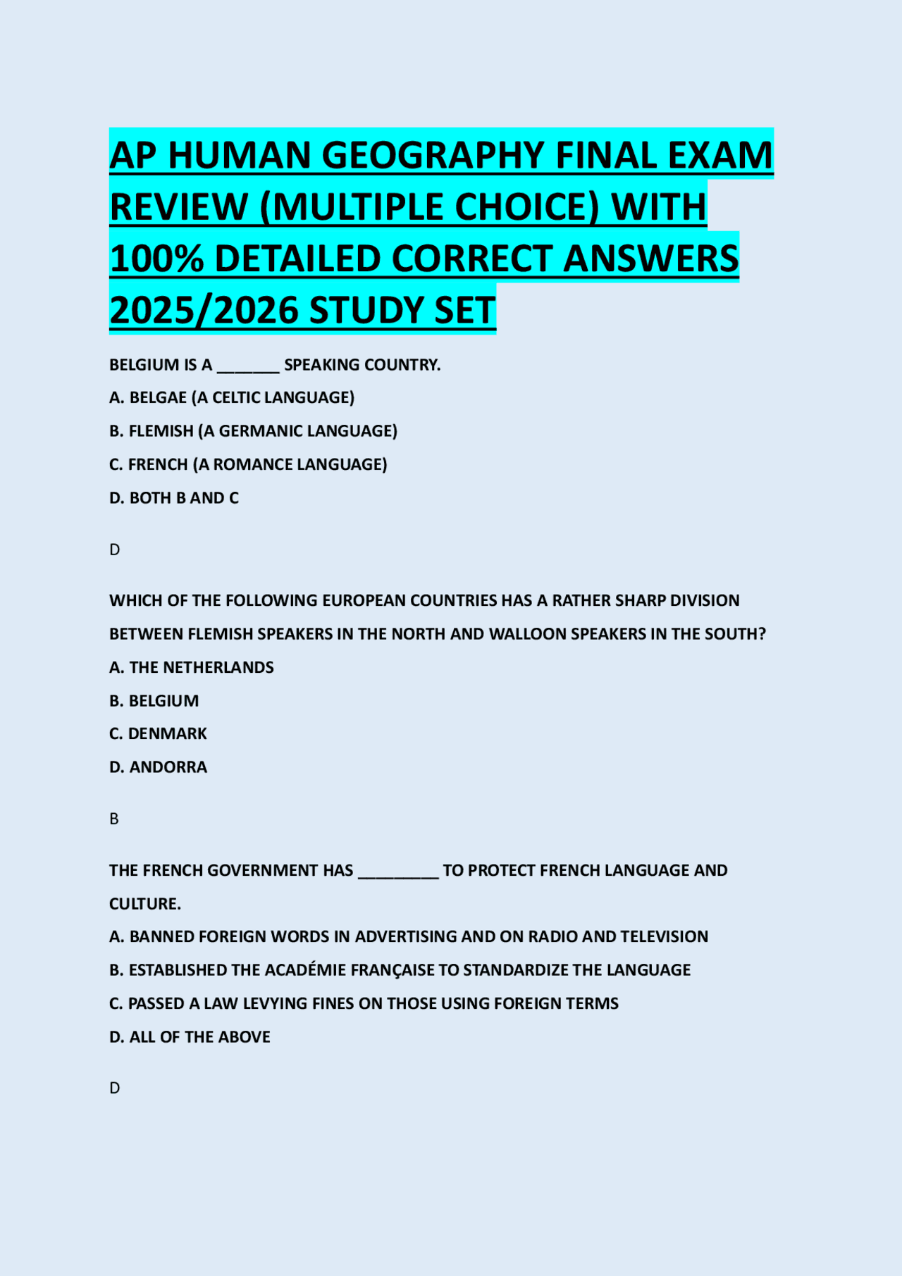 AP HUMAN GEOGRAPHY FINAL EXAM REVIEW (MULTIPLE CHOICE) WITH 100% DETAILED CORRECT ANSWER | Exams ...