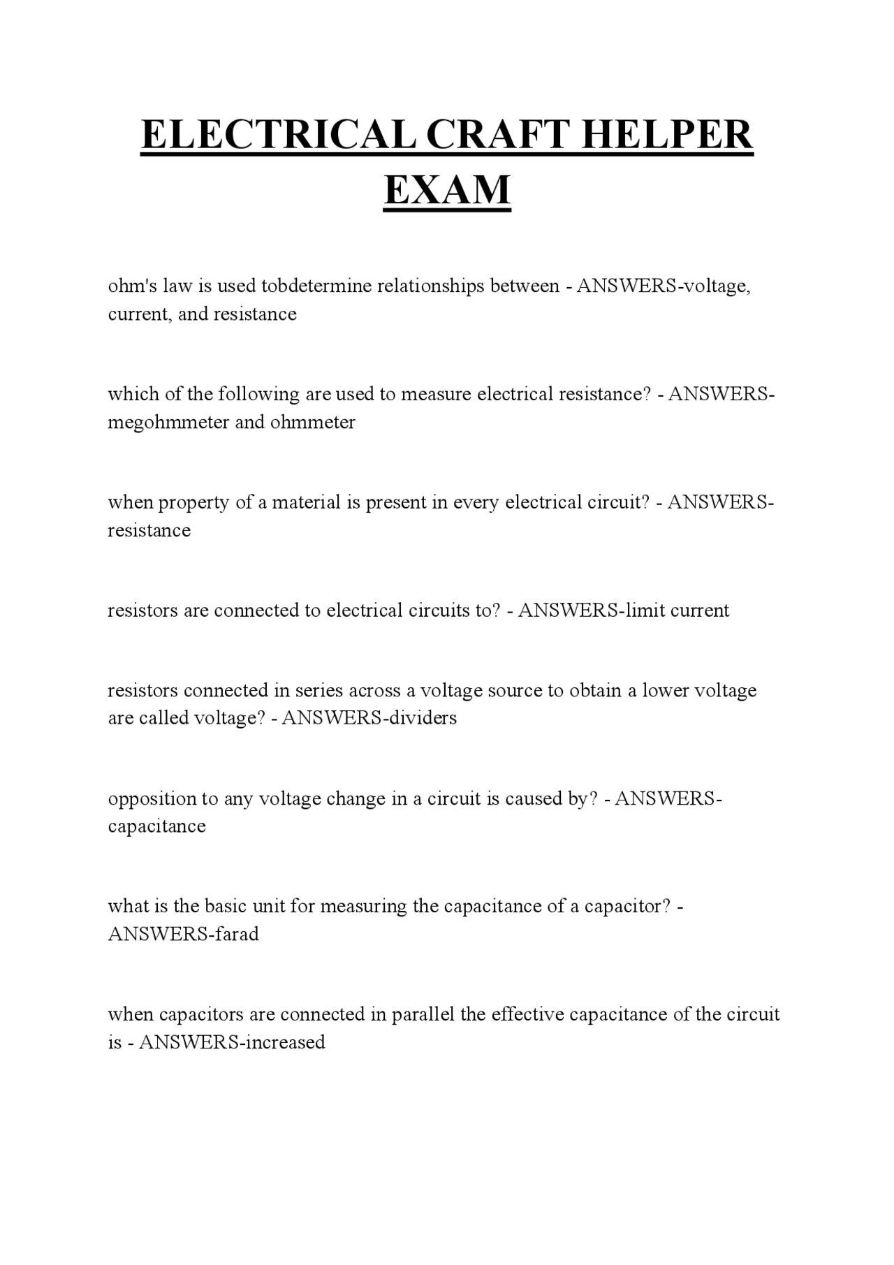ELECTRICAL CRAFT HELPER EXAM QUESTIONS AND ANSWERS 2025 | Exams ...
