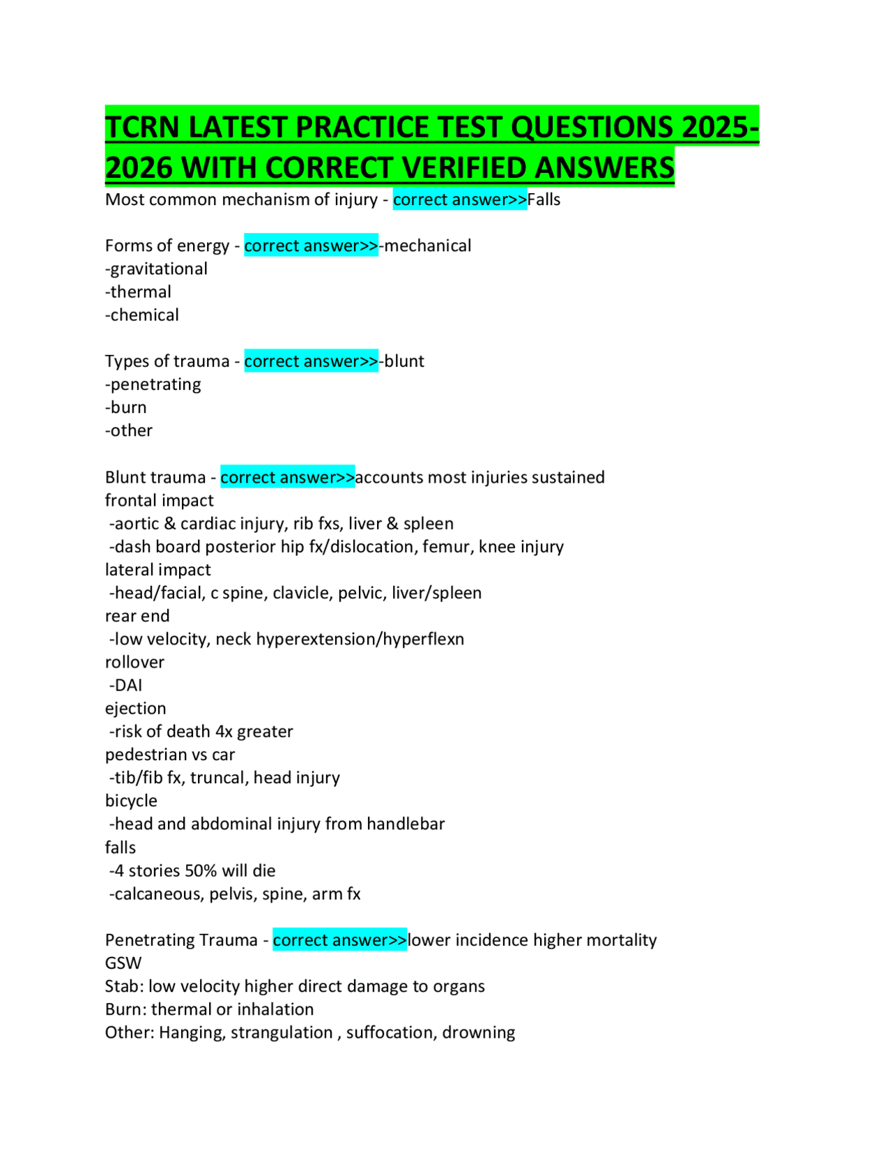 TCRN LATEST PRACTICE TEST QUESTIONS 2025 2026 WITH CORRECT VERIFIED ...