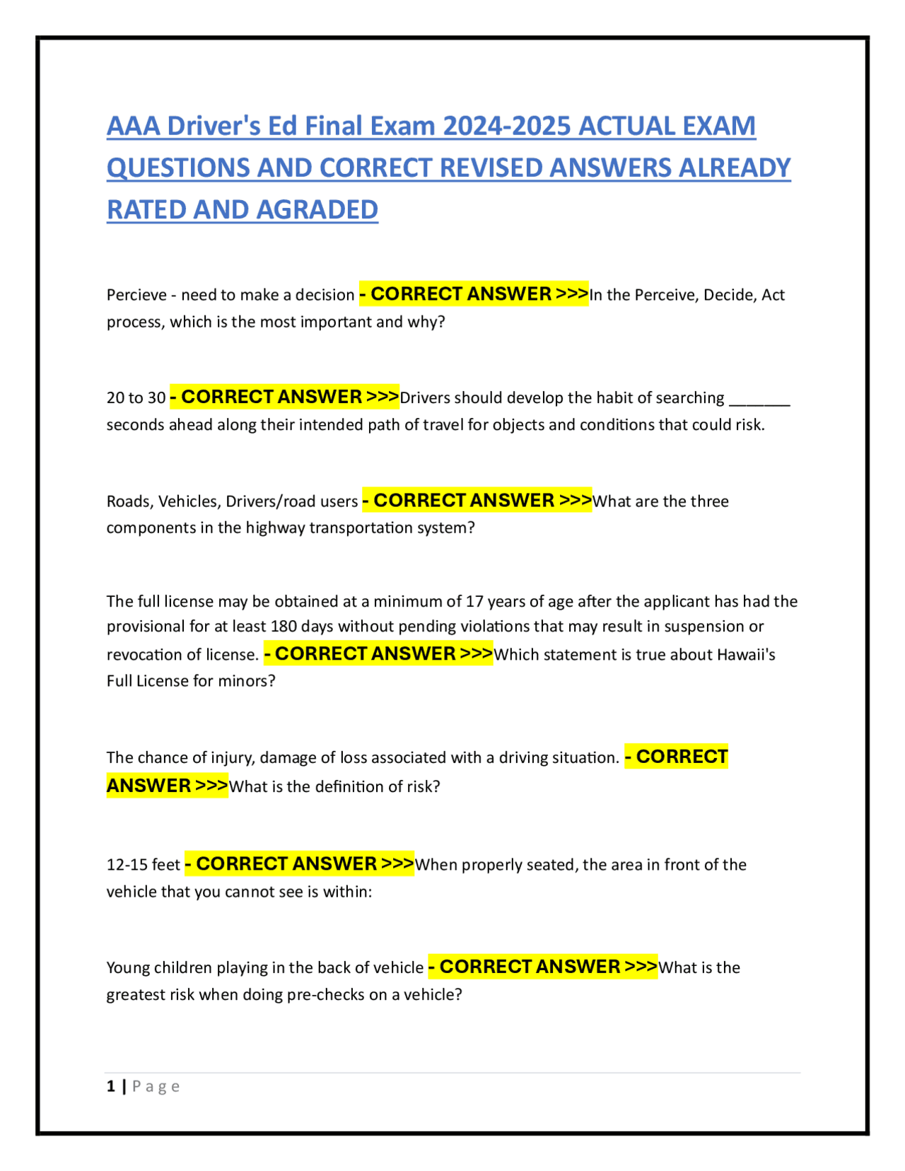 AAA Driver's Ed Final Exam 2024-2025 ACTUAL EXAM QUESTIONS AND CORRECT ...