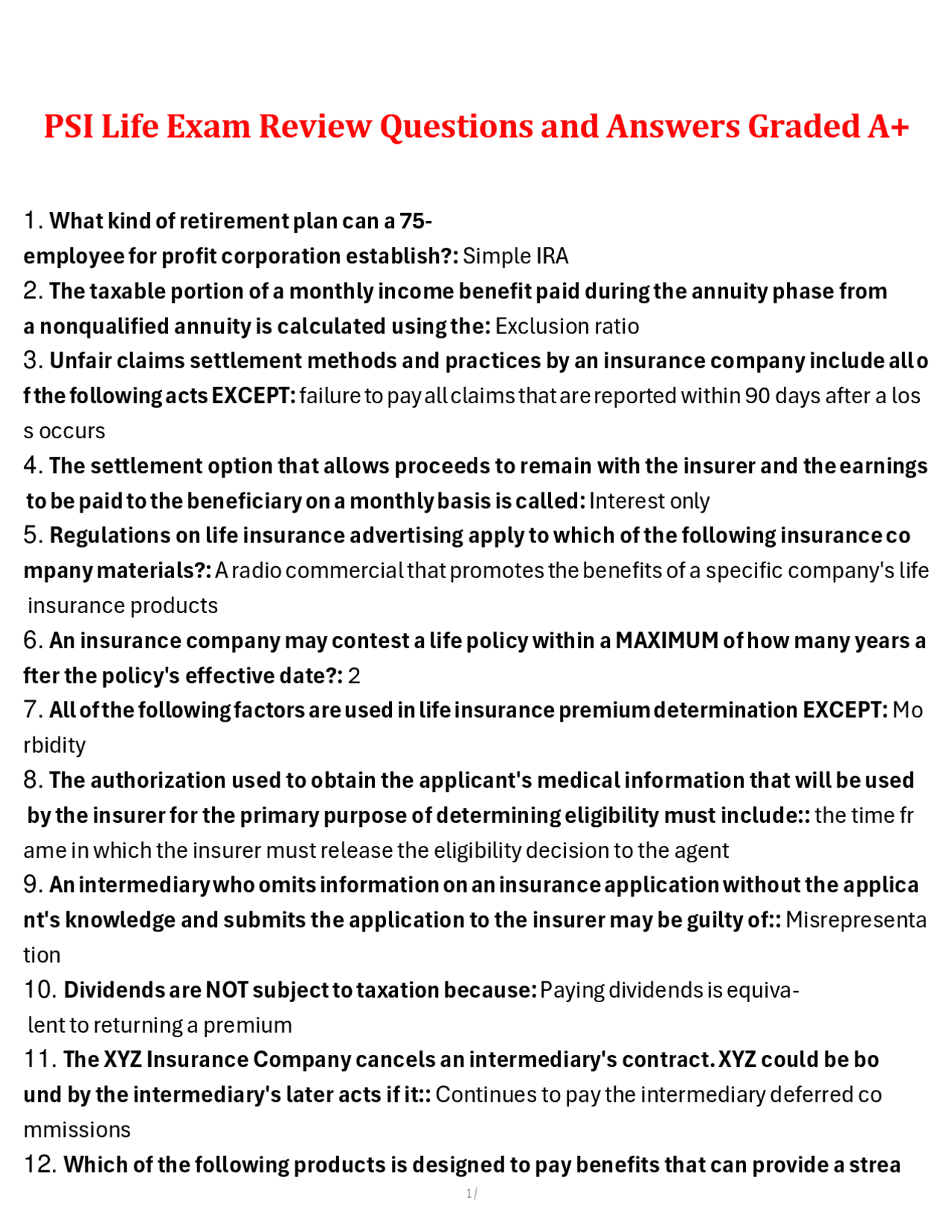 PSI Life Insurance Exam Review – Questions and Answers Graded A+ (2025 ...