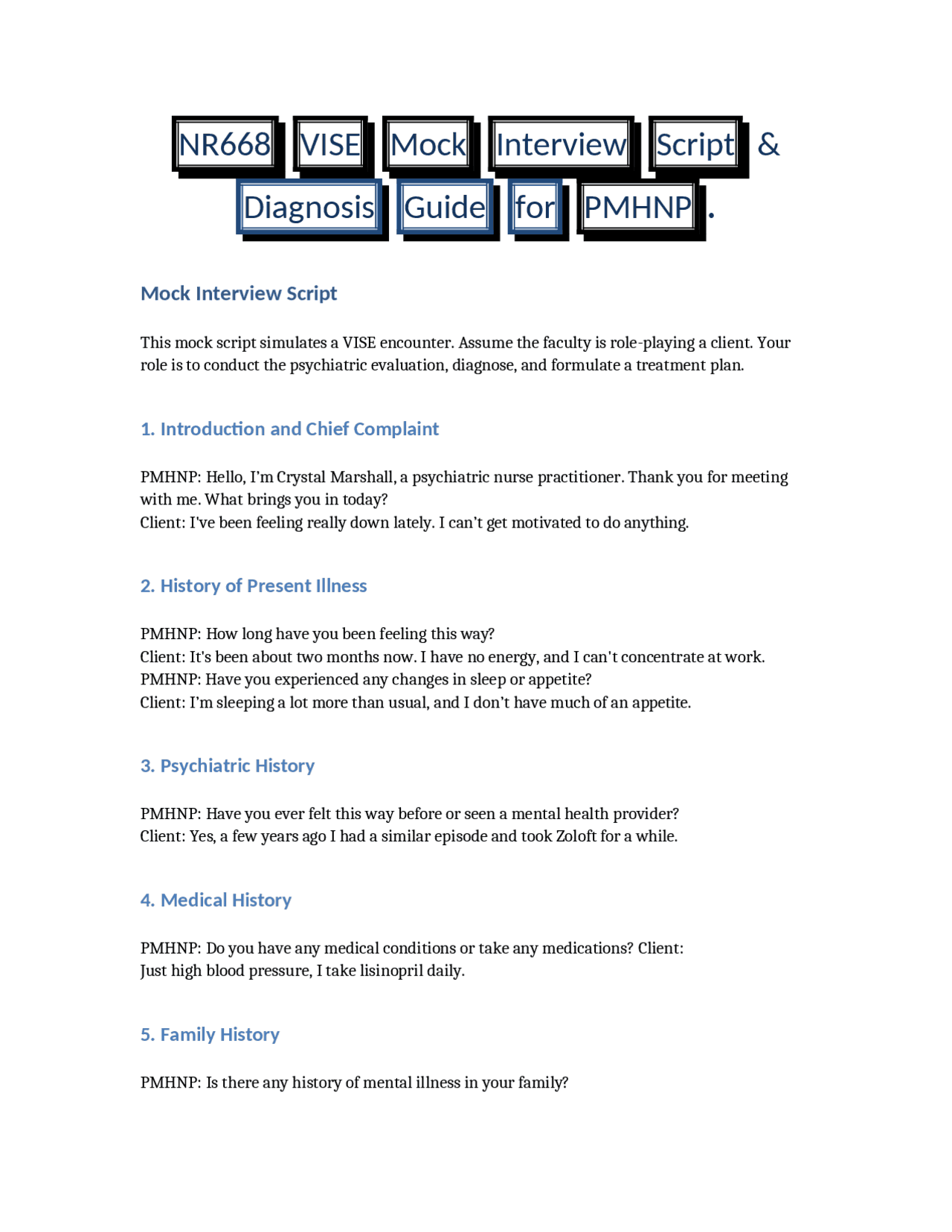 NR668 VISE Mock Interview Script & Diagnosis Guide for PMHNP | Study ...