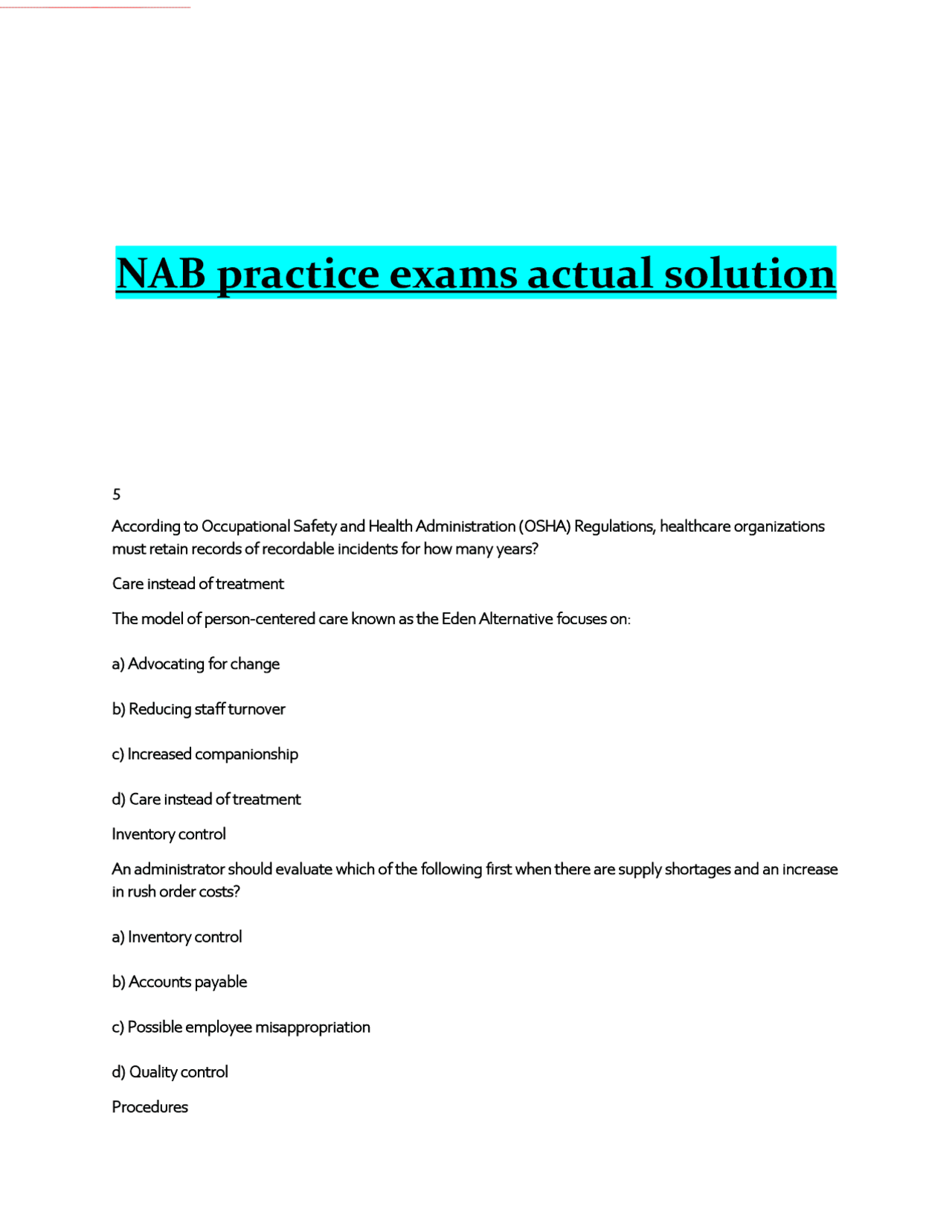 NAB practice exams actual solution.pdf | Exams Nursing | Docsity