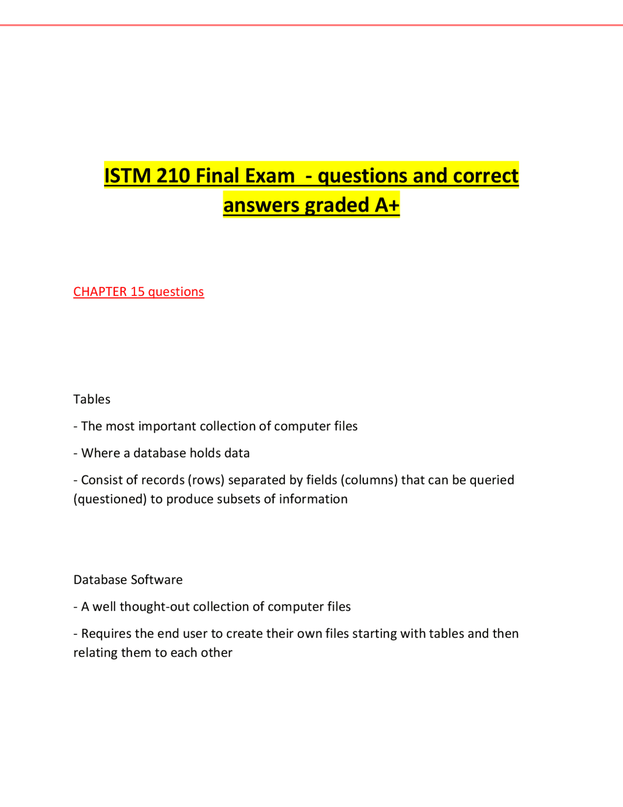 ISTM 210 Final Exam - questions and correct answers graded A+.pdf | Exams Nursing | Docsity