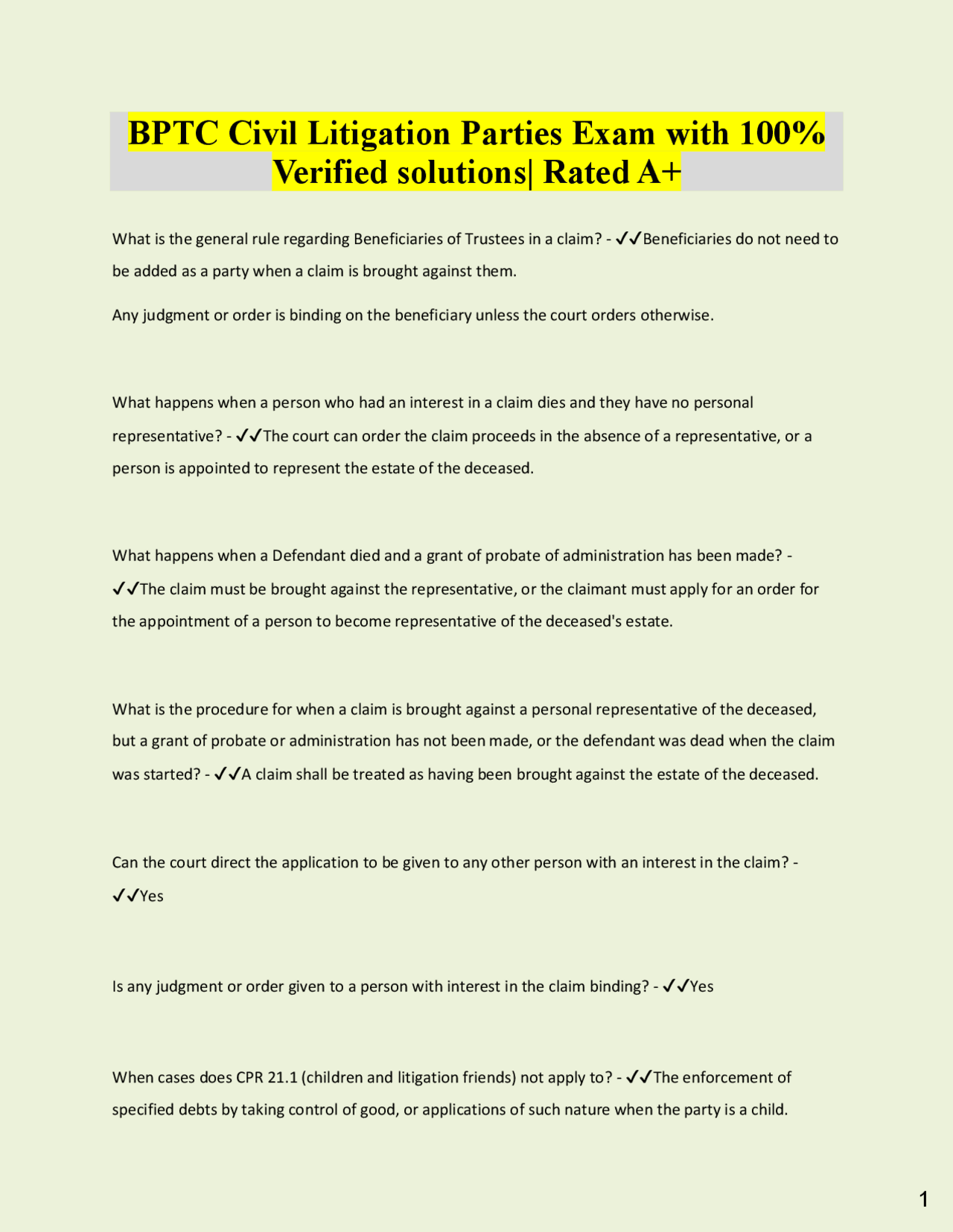 BPTC Civil Litigation Parties Exam with 100% Verified solutions| Rated ...