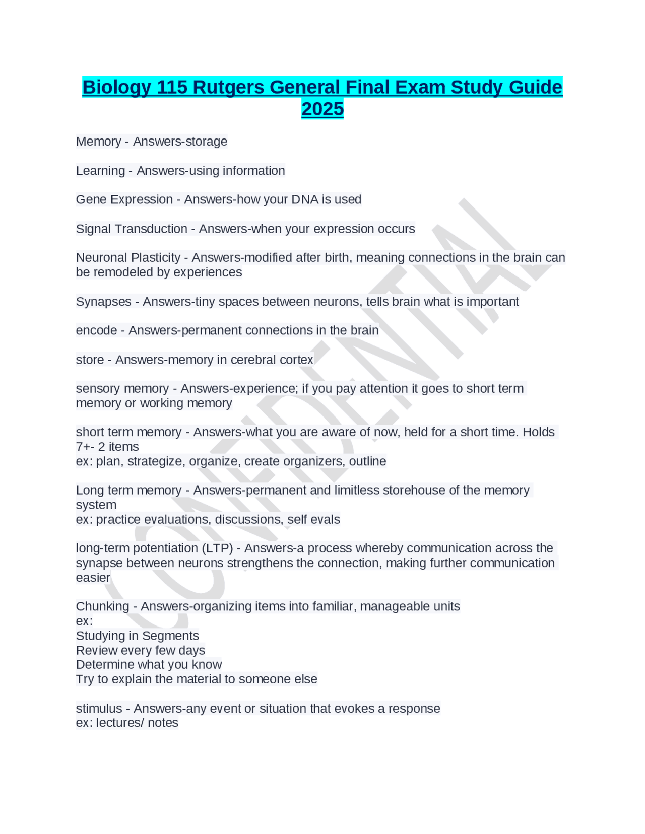 Biology 115 Rutgers General Final Exam Study Guide 2025 | Exams Nursing ...