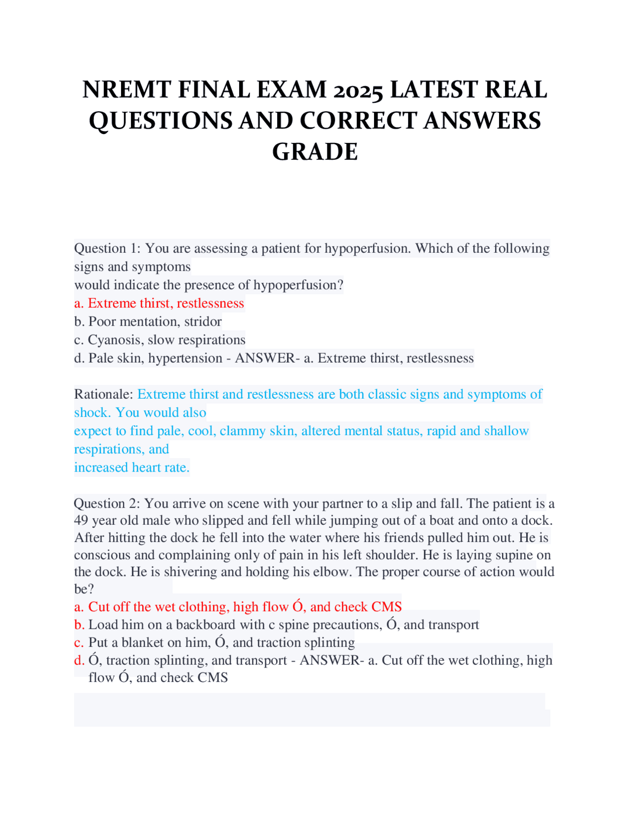 NREMT FINAL EXAM 2025 LATEST REAL QUESTIONS AND CORRECT ANSWERS GRADE ...