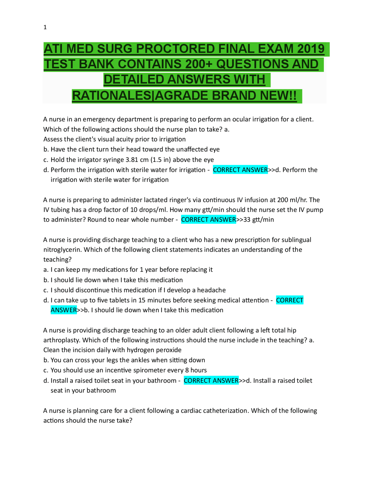 ATI MED SURG PROCTORED FINAL EXAM 2019 TEST BANK CONTAINS 200 ...