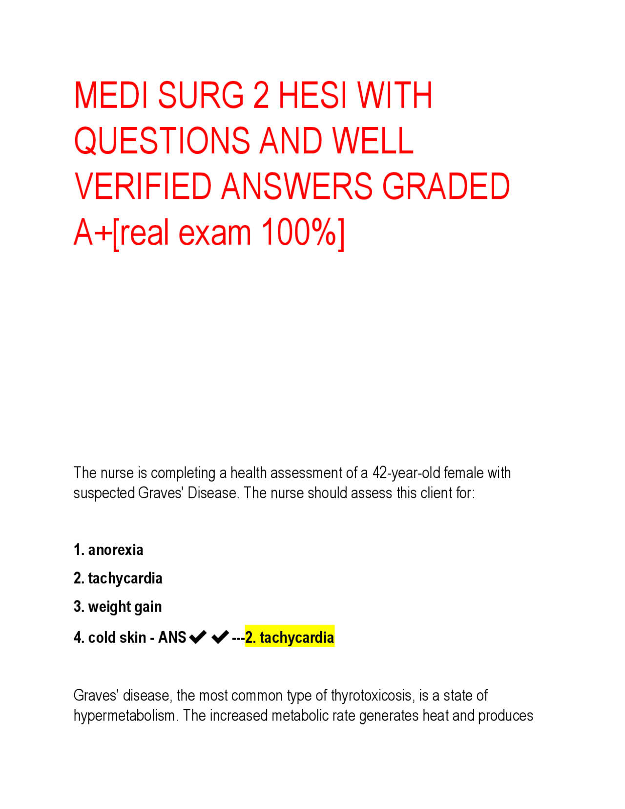 MEDI SURG 2 HESI WITH QUESTIONS AND WELL VERIFIED ANSWERS GRADED A+ ...