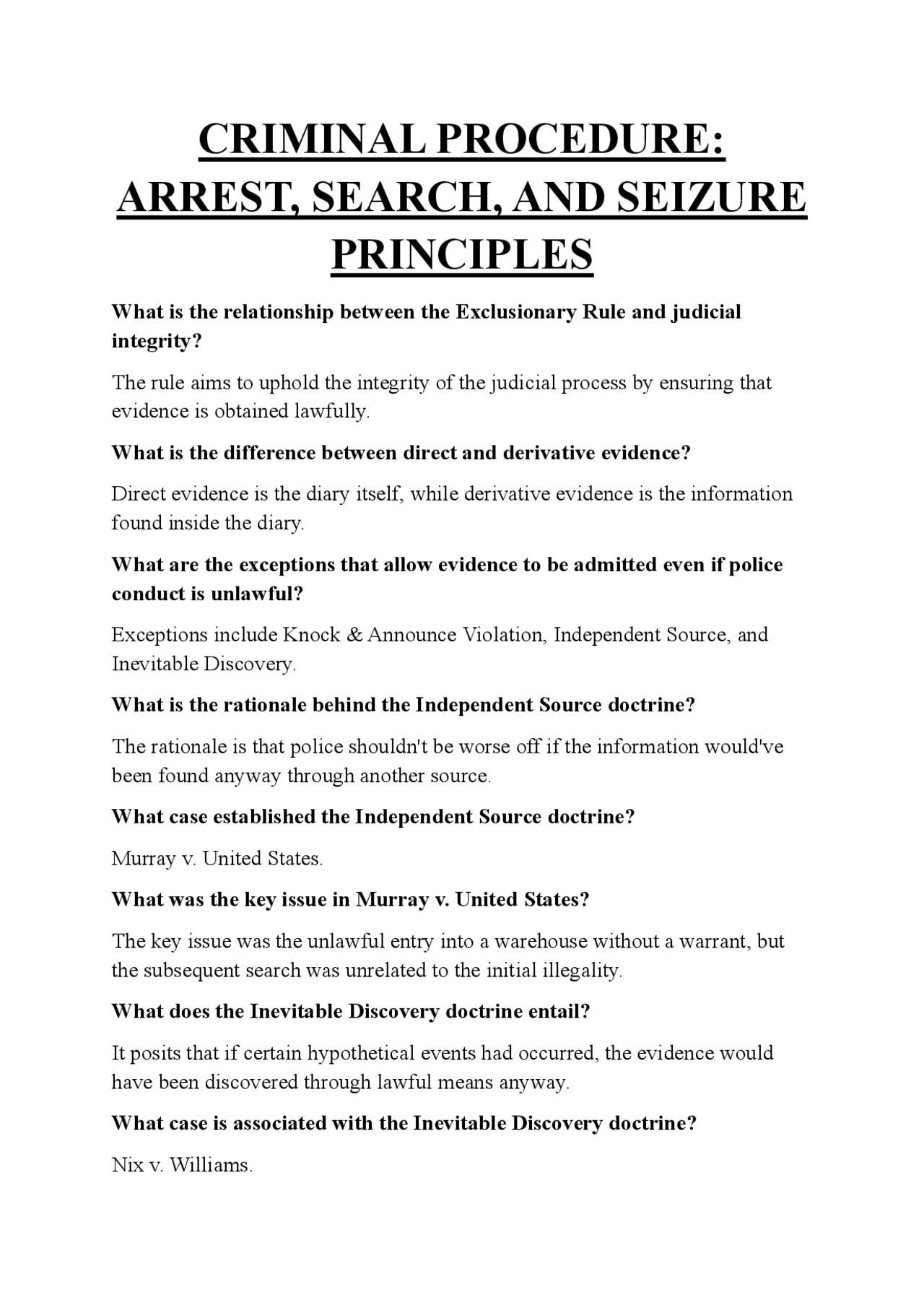 CRIMINAL PROCEDURE: ARREST, SEARCH, AND SEIZURE PRINCIPLES QUESTIONS ...