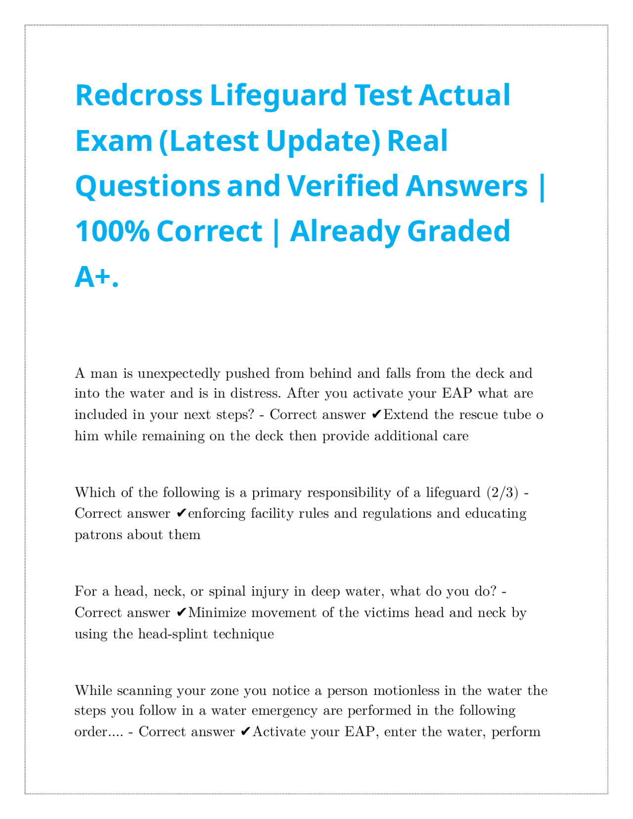 Redcross Lifeguard Test Actual Exam (Latest Update) Real Questions and ...