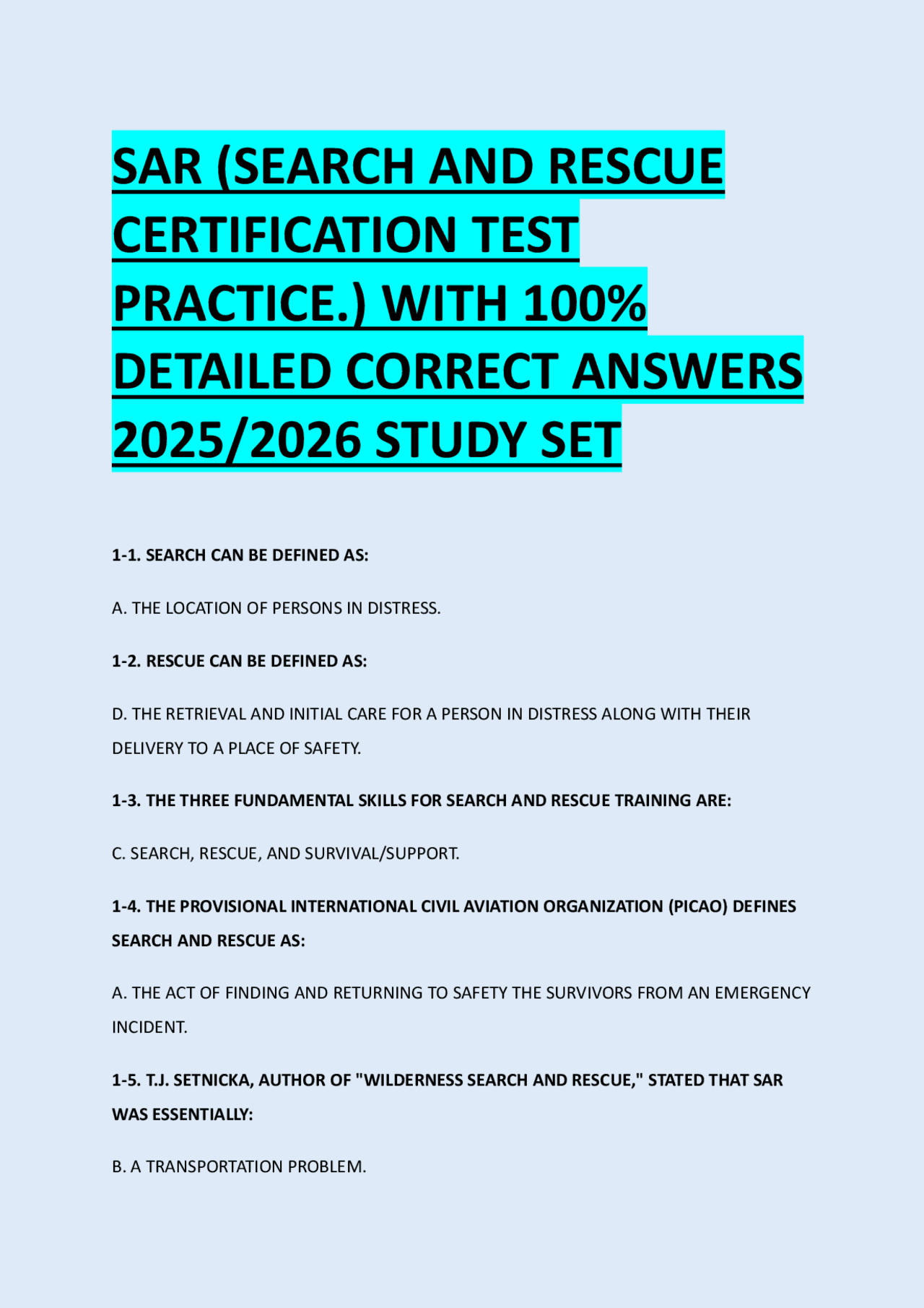 SAR (SEARCH AND RESCUE CERTIFICATION TEST PRACTICE.) WITH 100% DETAILED ...
