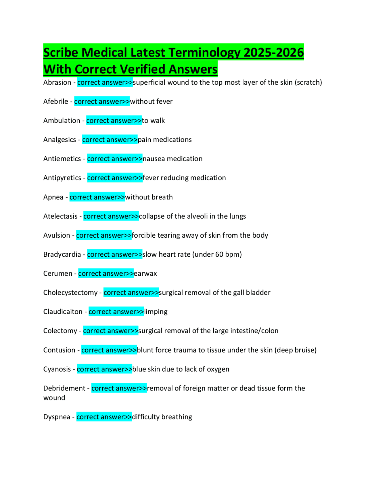 Scribe Medical Latest Terminology 2025-2026 With Correct Verified ...