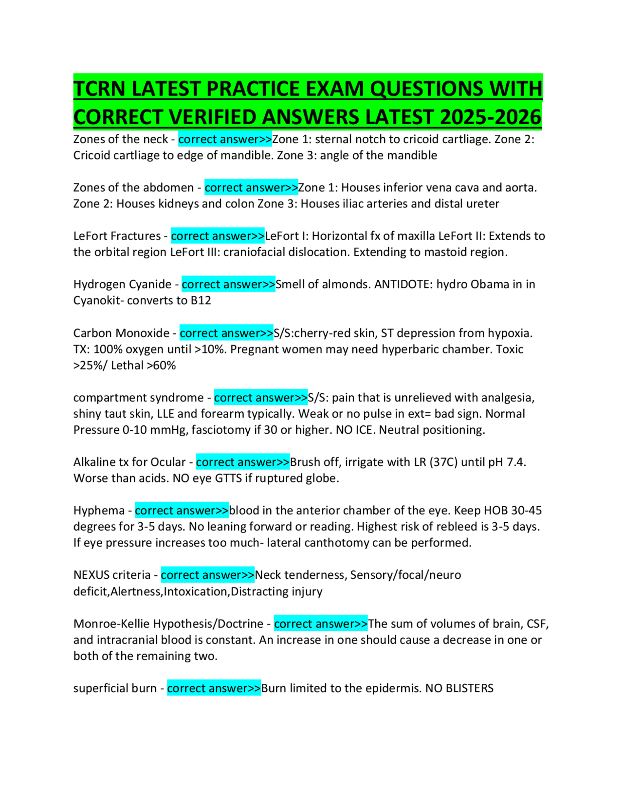 TCRN LATEST PRACTICE EXAM QUESTIONS WITH CORRECT VERIFIED ANSWERS ...