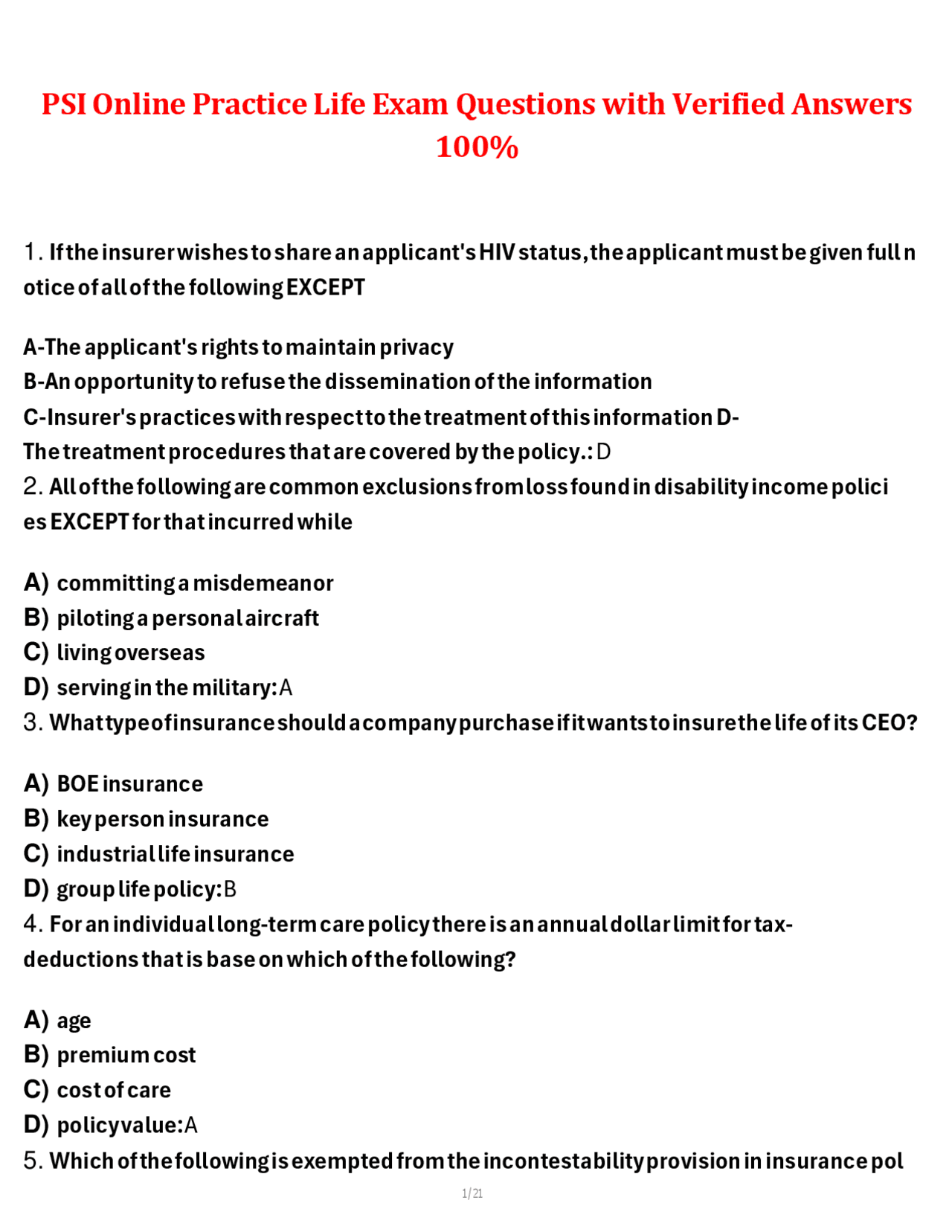 PSI Life Insurance Practice Exam Verified Questions and 100% Correct ...