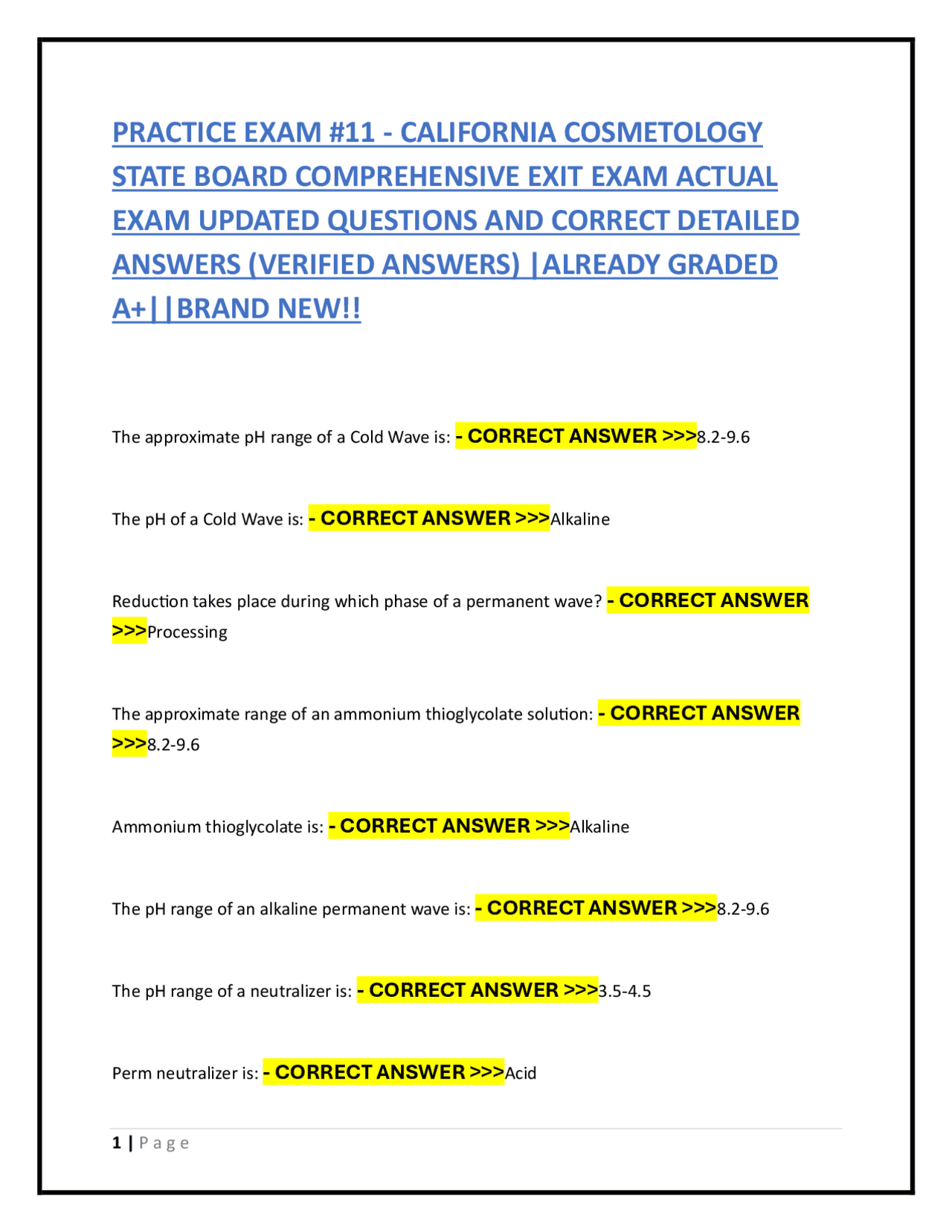 PRACTICE EXAM #11 - CALIFORNIA COSMETOLOGY STATE BOARD COMPREHENSIVE ...