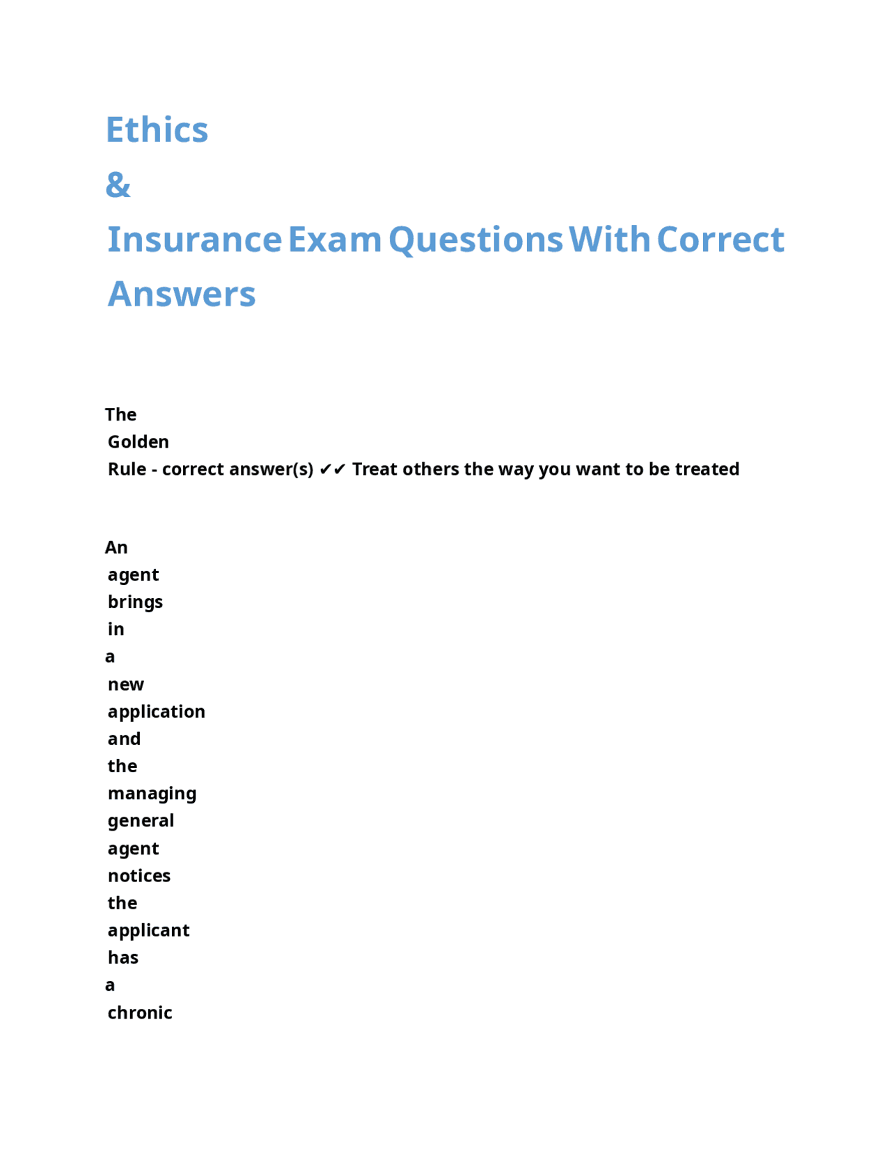 Ethics & Insurance Exam Questions With Correct Answers | Exams ...