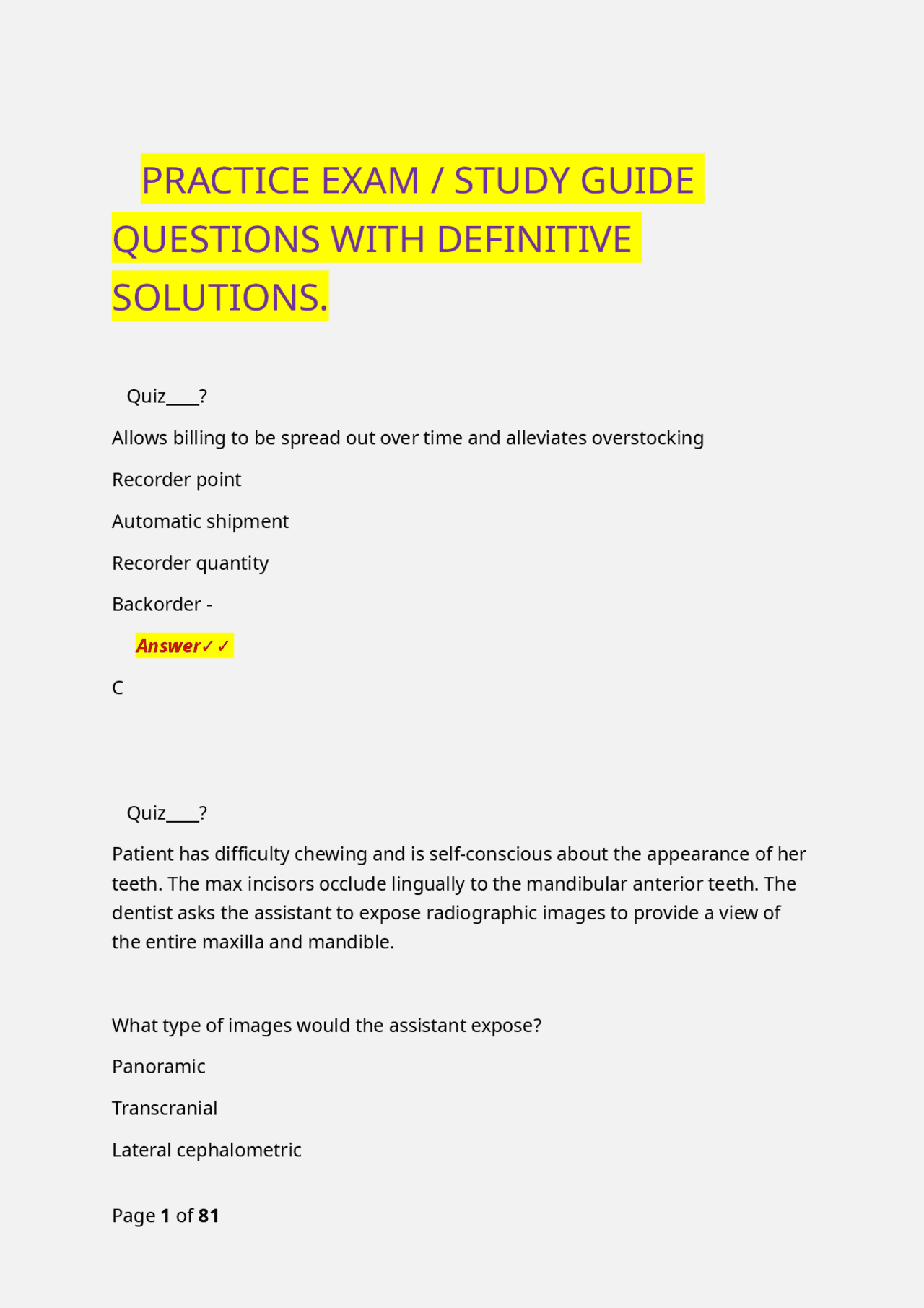 PRACTICE EXAM / STUDY GUIDE QUESTIONS WITH DEFINITIVE SOLUTIONS ...