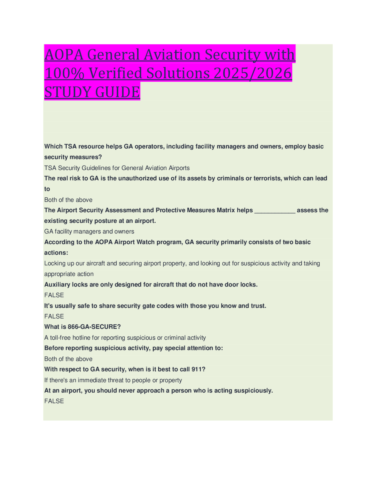 AOPA General Aviation Security with 100% Verified Solutions 2025/2026 ...