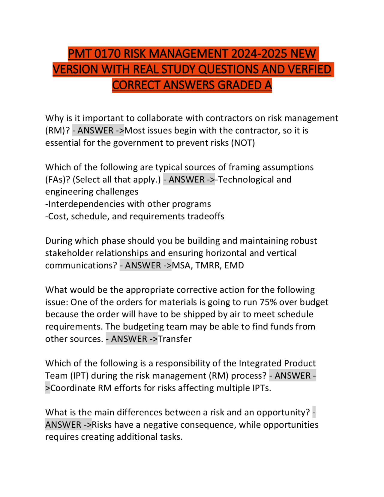 RISK MANAGEMENT PMT 0170 NEW VERSION WITH REAL STUDY QUESTIONS AND ...