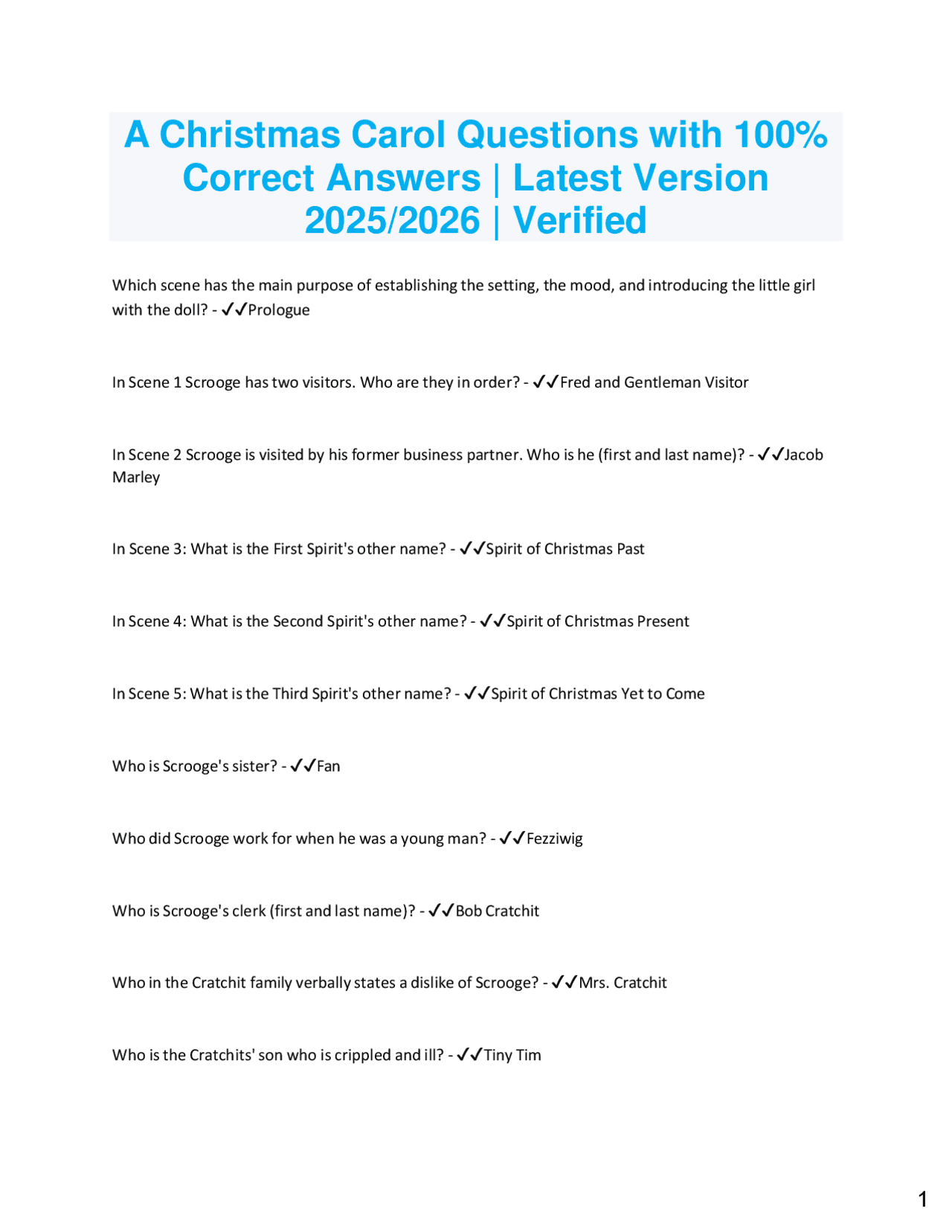 A Christmas Carol Questions with 100% Correct Answers | Latest Version ...