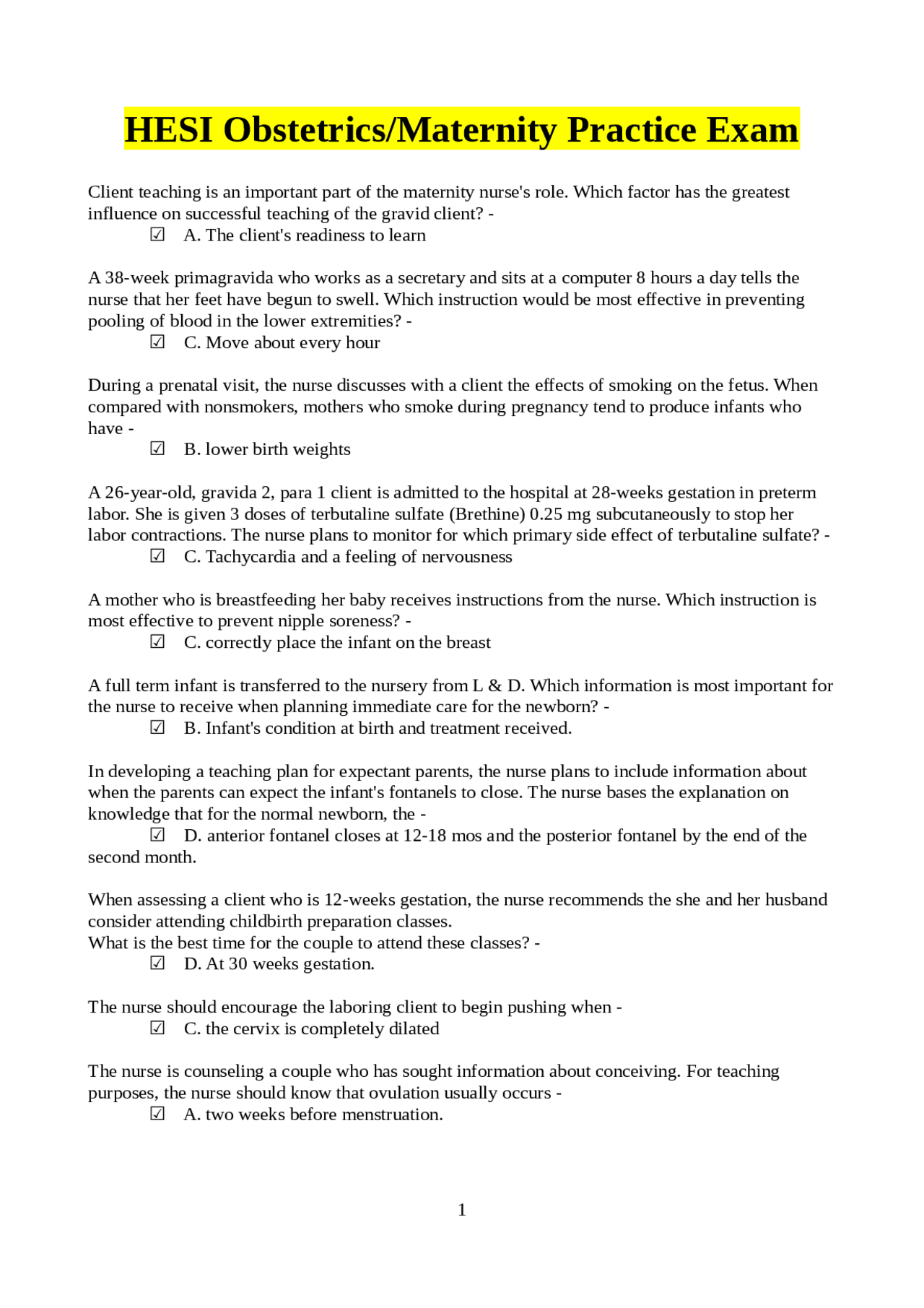 HESI Obstetrics Maternity Practice Exam: Essential Preparation for ...