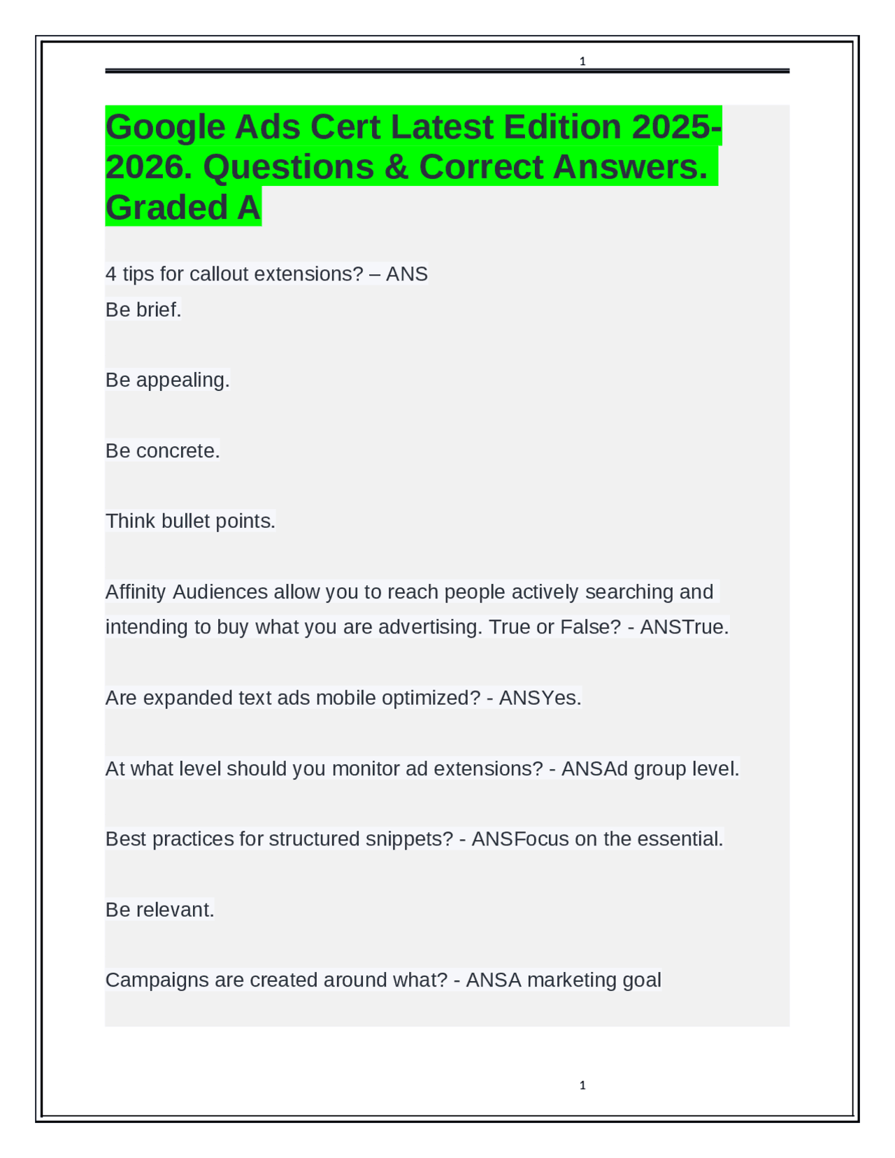 Google Ads Cert Latest Edition 2025-2026. Questions & Correct Answers ...