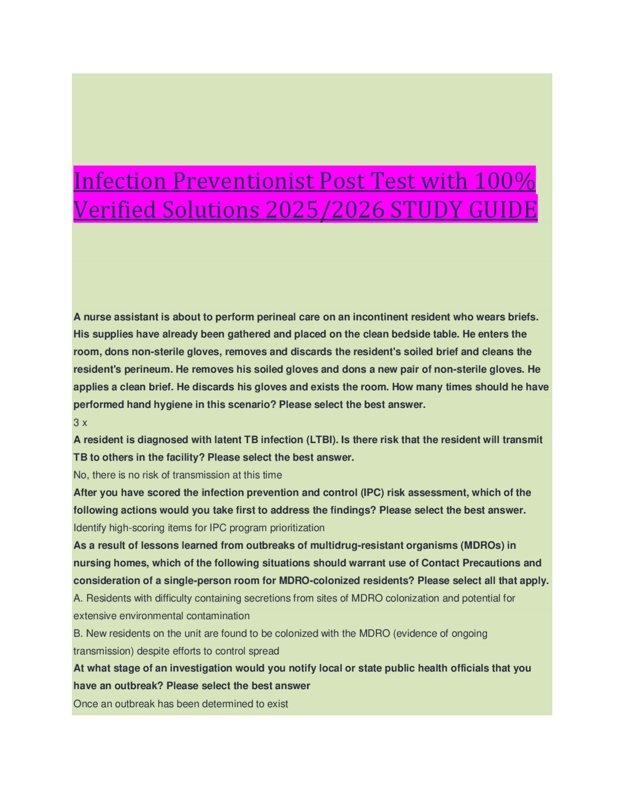 Infection Preventionist Post Test with 100% Verified Solutions 2025/ ...